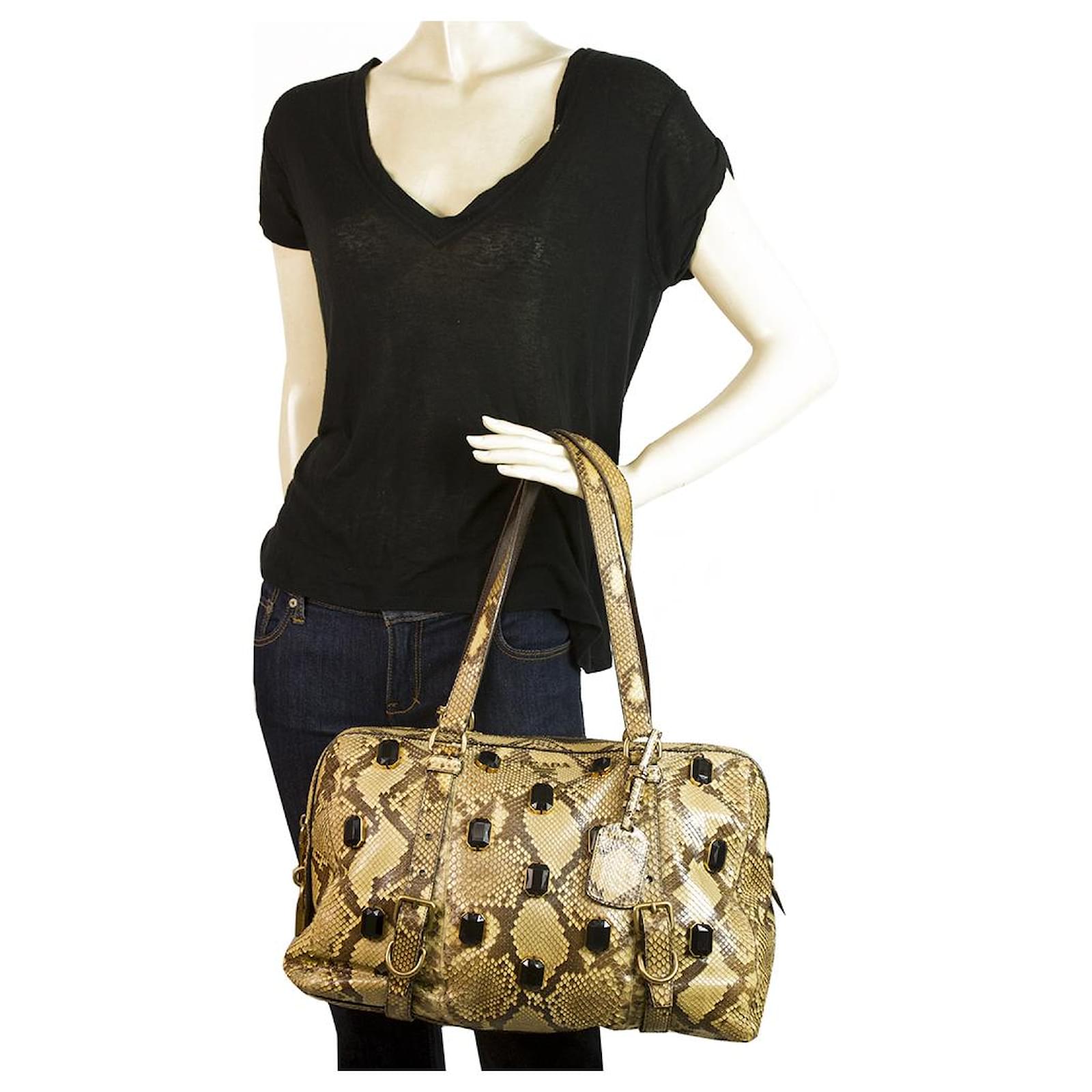 Prada Beige Python Leather Large Jeweled Padlock Shoulder Bag Sac à main cabas Cuirs exotiques ...