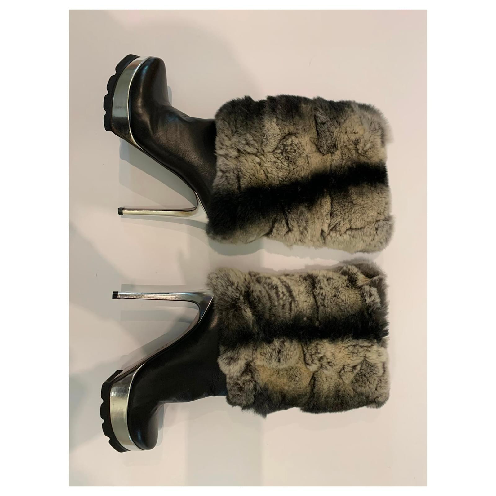 Walter Steiger Boots Black Grey Leather Fur ref.171204 - Joli Closet