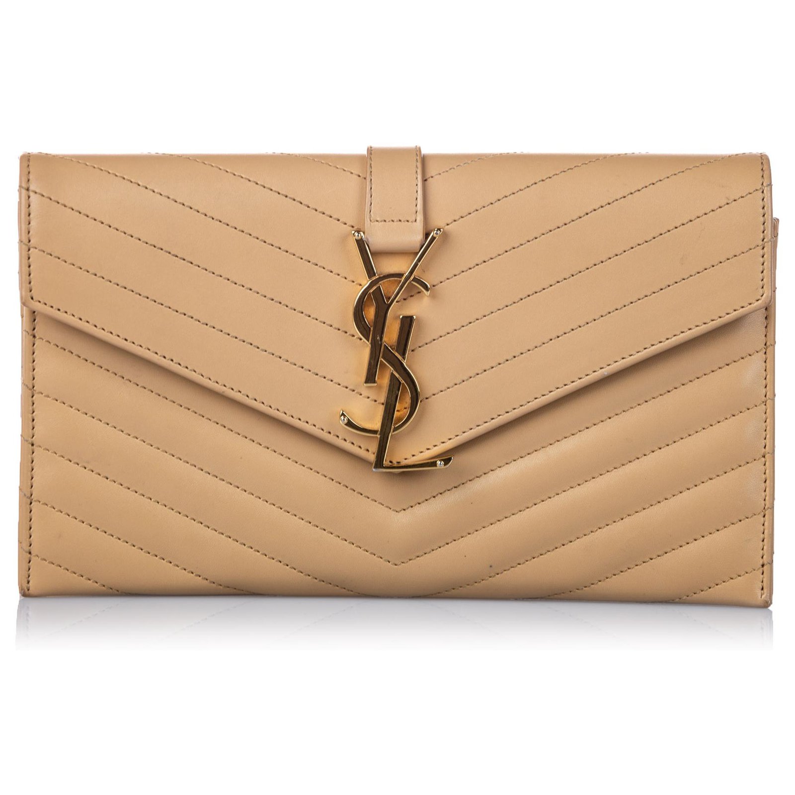 Saint Laurent YSL Brown Monogram Quilted Leather Clutch Bag Beige Pony ...