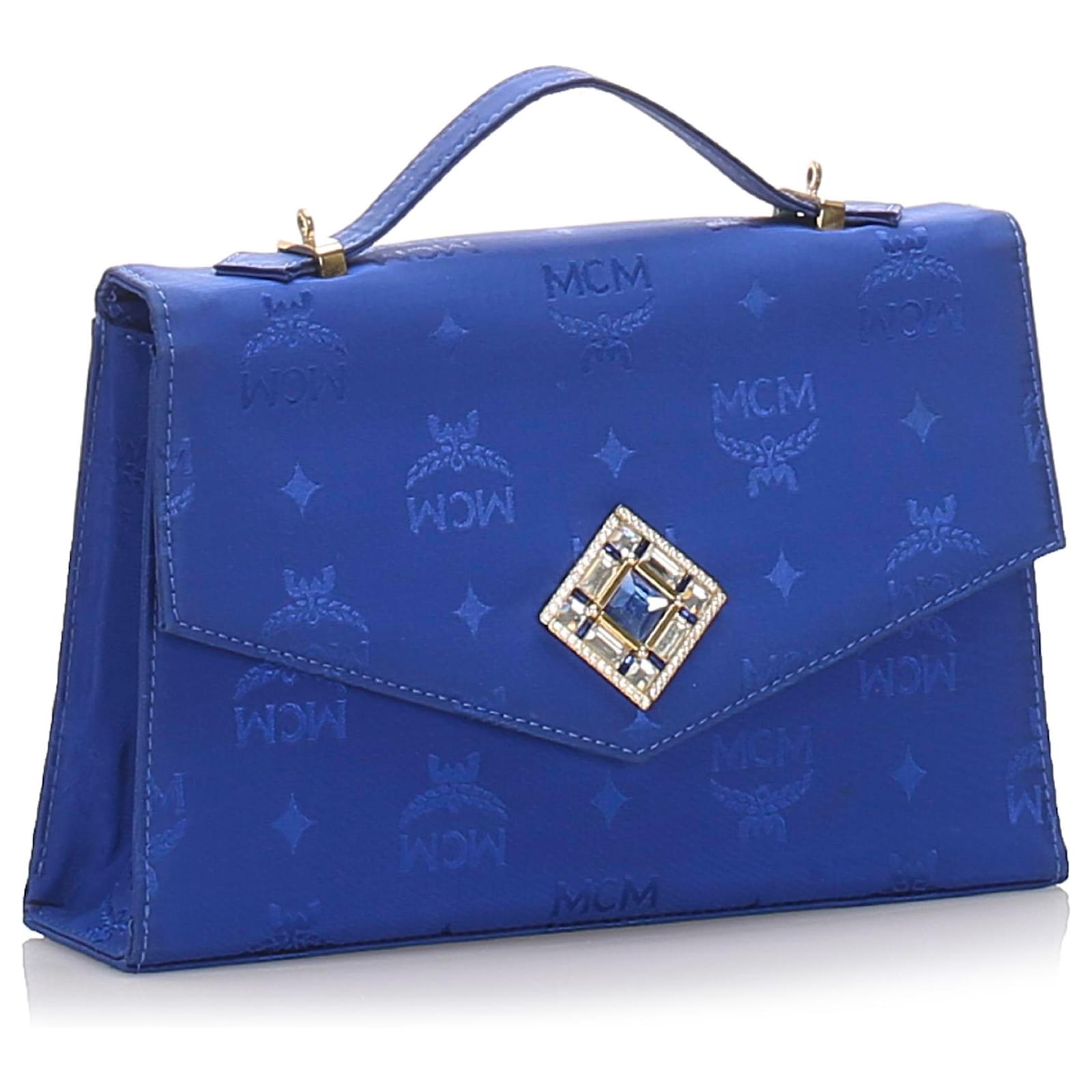 MCM Blue Visetos Envelope Clutch Bag Leather Cloth Pony-style calfskin ...