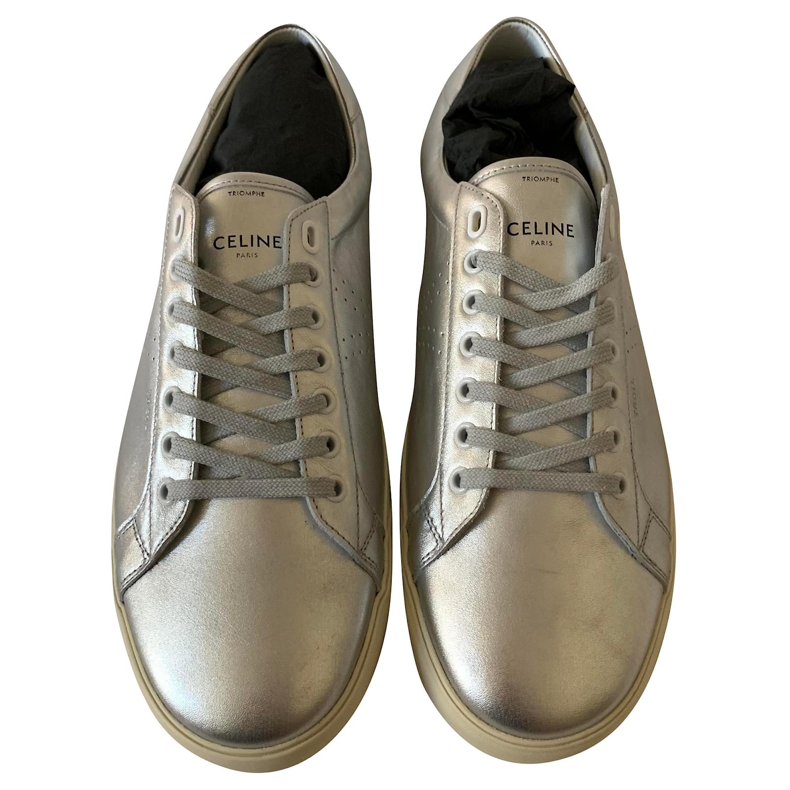 Céline Baskets Triomphe en cuir métallisé Argenté ref.206726 - Joli Closet