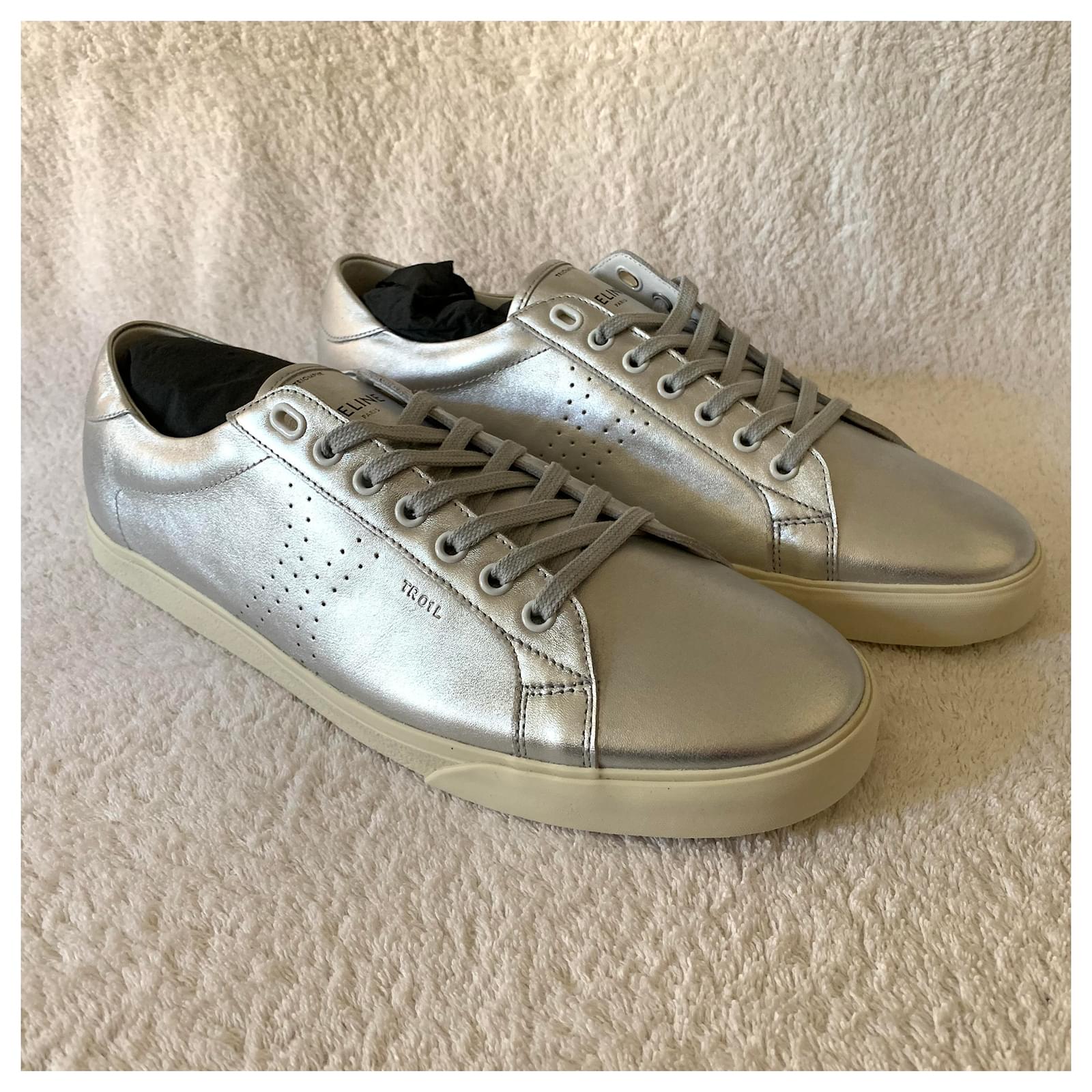 Céline Baskets Triomphe en cuir métallisé Argenté ref.206726 - Joli Closet