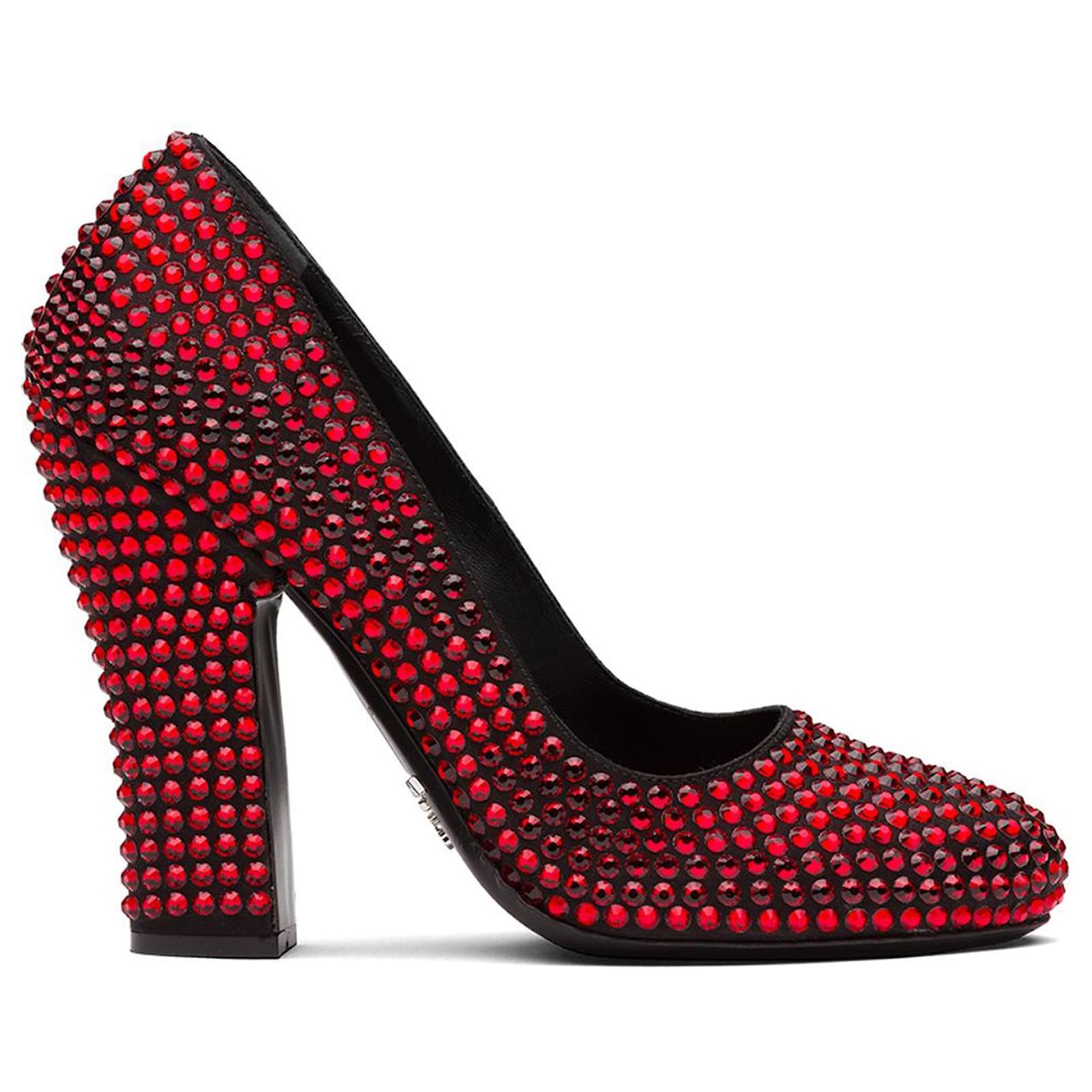 Prada Red Embellished Satin Pumps Black Leather Pony-style calfskin ...