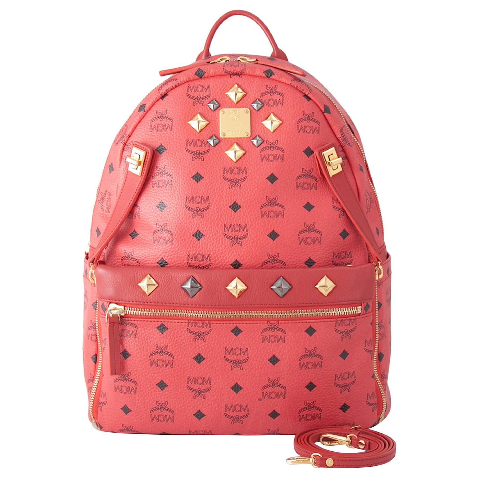 MCM Red Visetos Dual Stark Backpack Leather Cloth Pony-style calfskin ...