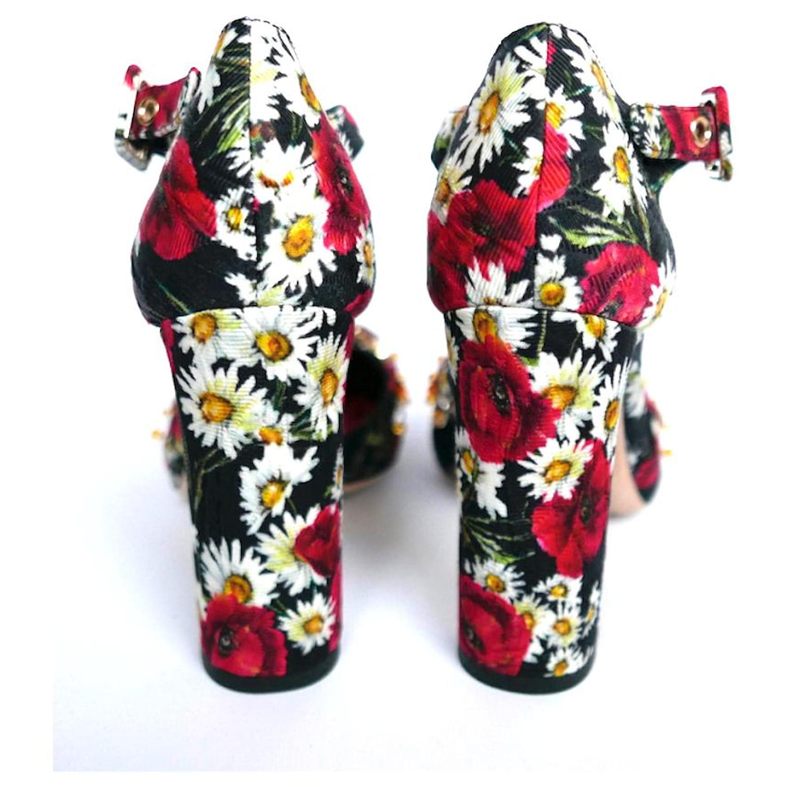 Dolce & Gabbana SS16 Crystal Trim Poppy & Daisy Heels Red Cloth ref ...