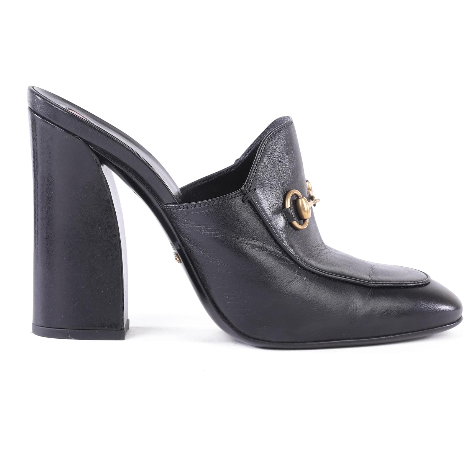 Mules à talons blocs Julie Princetown en cuir noir avec mors Gucci ref ...