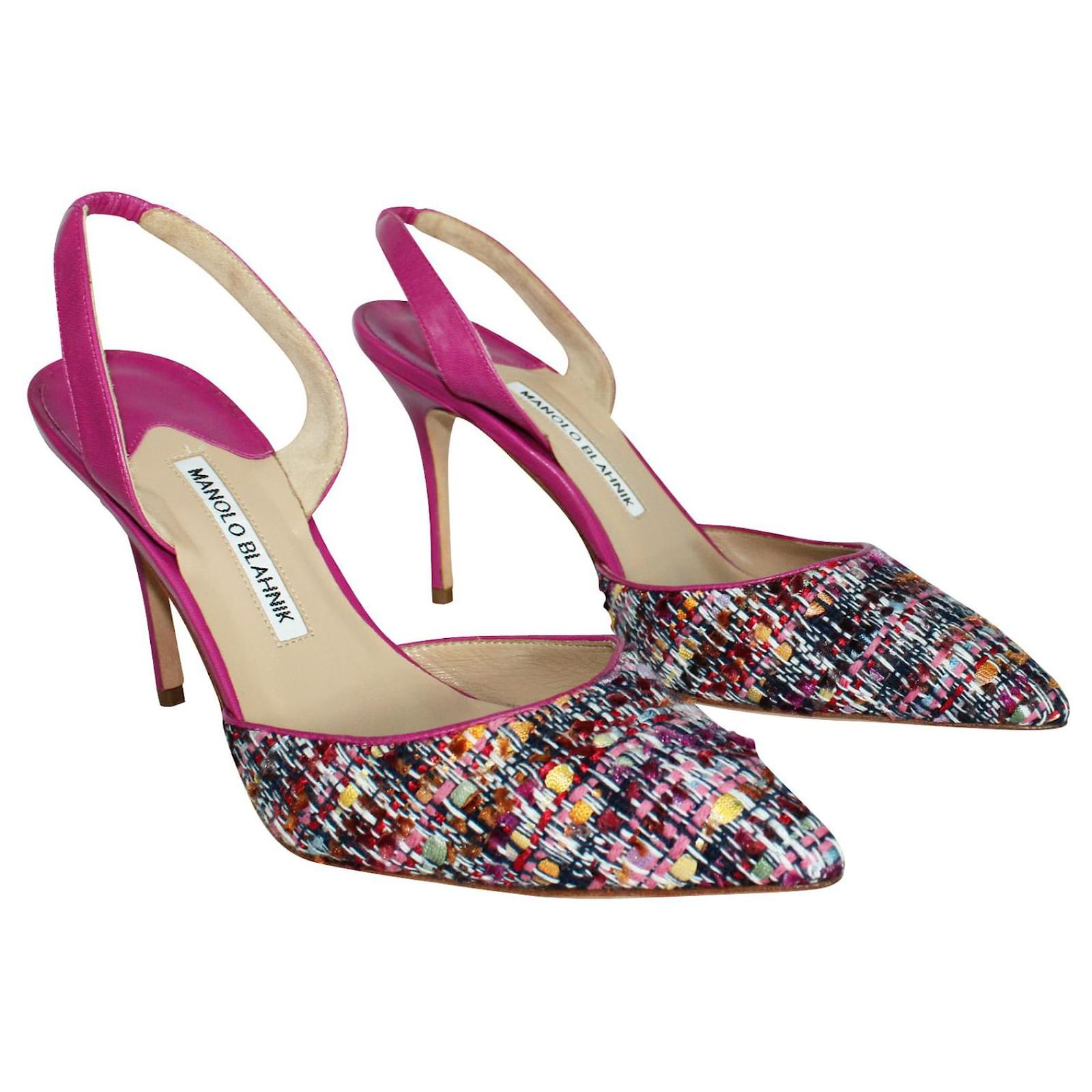 Manolo Blahnik Fuchsia Tweed Slingback Heels Pink Leather ref.352470 ...