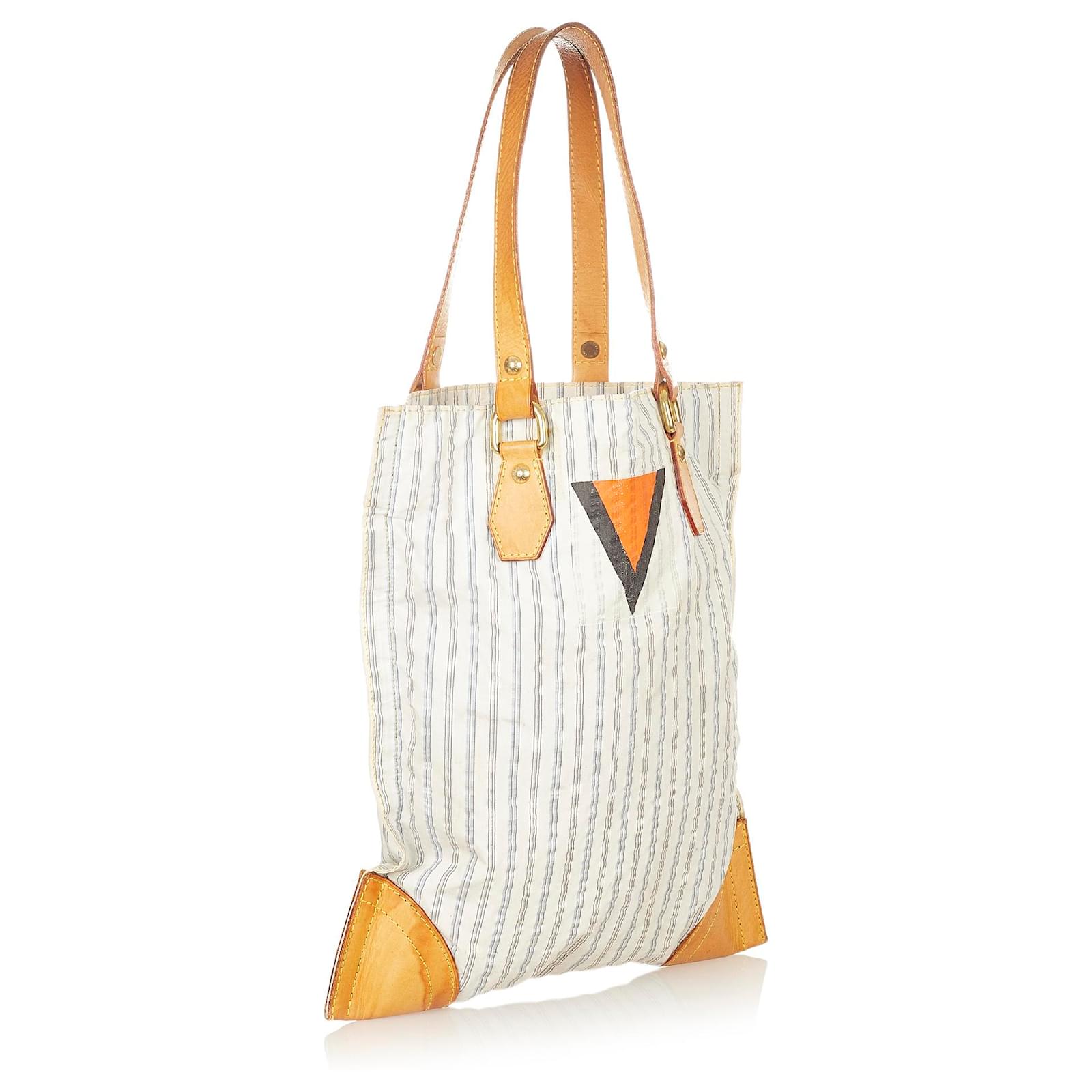 Louis Vuitton White Striped Tanger Tote Blue Leather Cotton Cloth ref ...