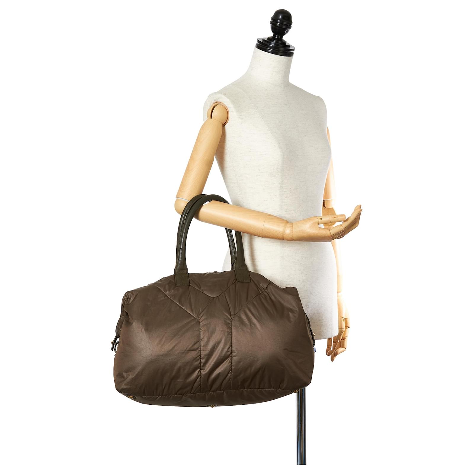 Yves Saint Laurent YSL Brown Easy Nylon Handbag Dark brown Leather Pony ...
