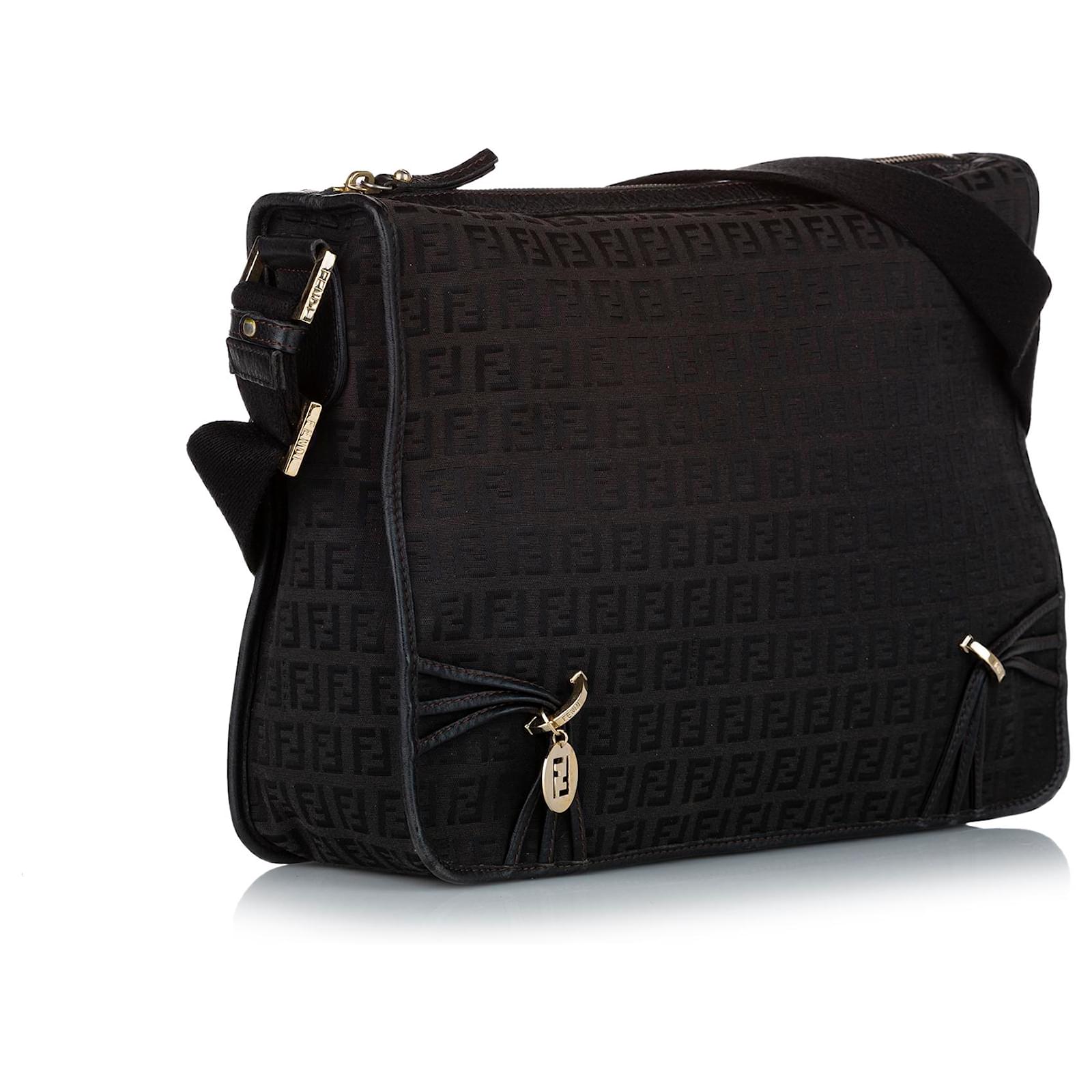Fendi Black Zucchino Canvas Crossbody Bag Leather Cloth Pony-style ...