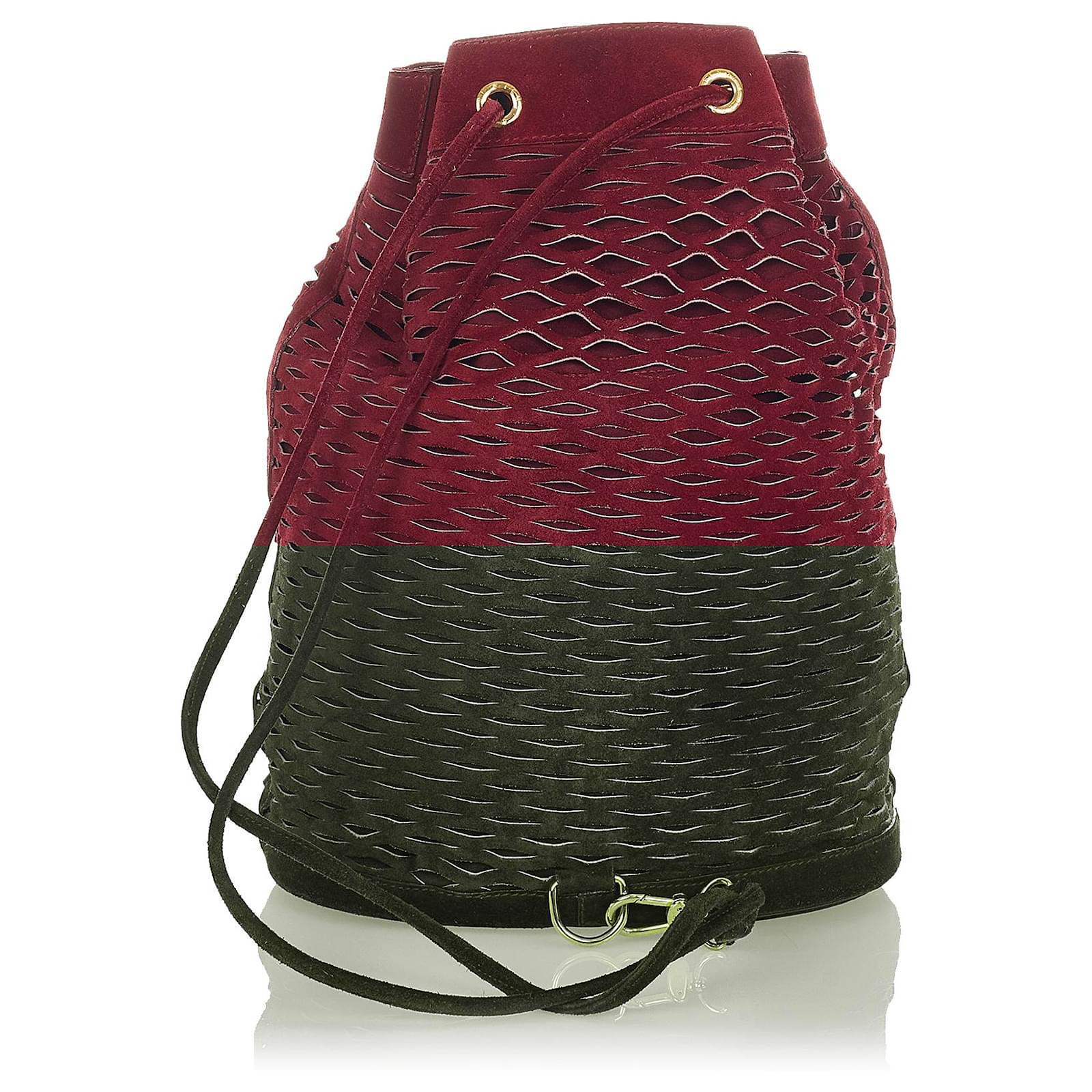 Fendi Red Perforated Suede Bucket Bag Dark red Leather ref.395953 ...