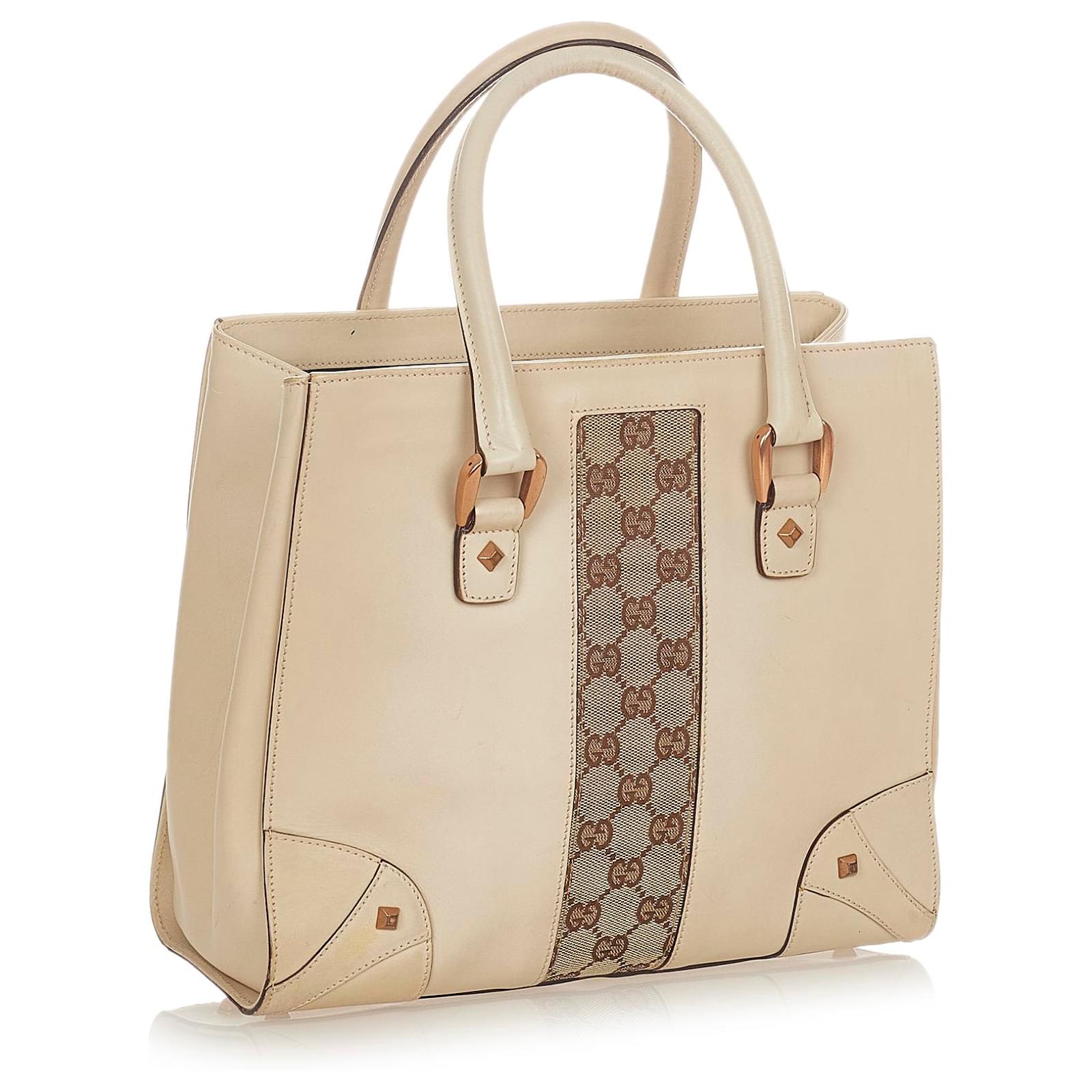 Gucci White GG Nailhead Leather Handbag Brown Beige Cloth Pony-style ...