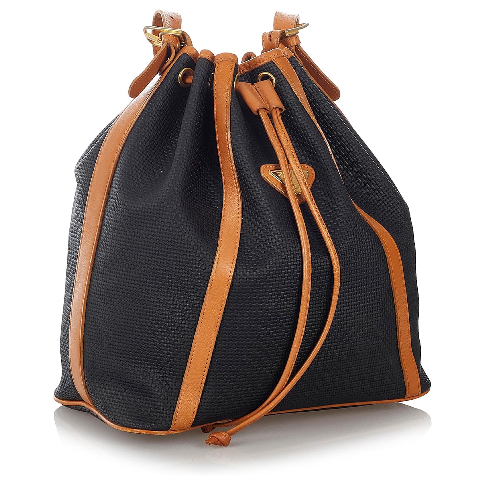 Yves Saint Laurent YSL Black Drawstring PVC Bucket Bag Brown Leather ...