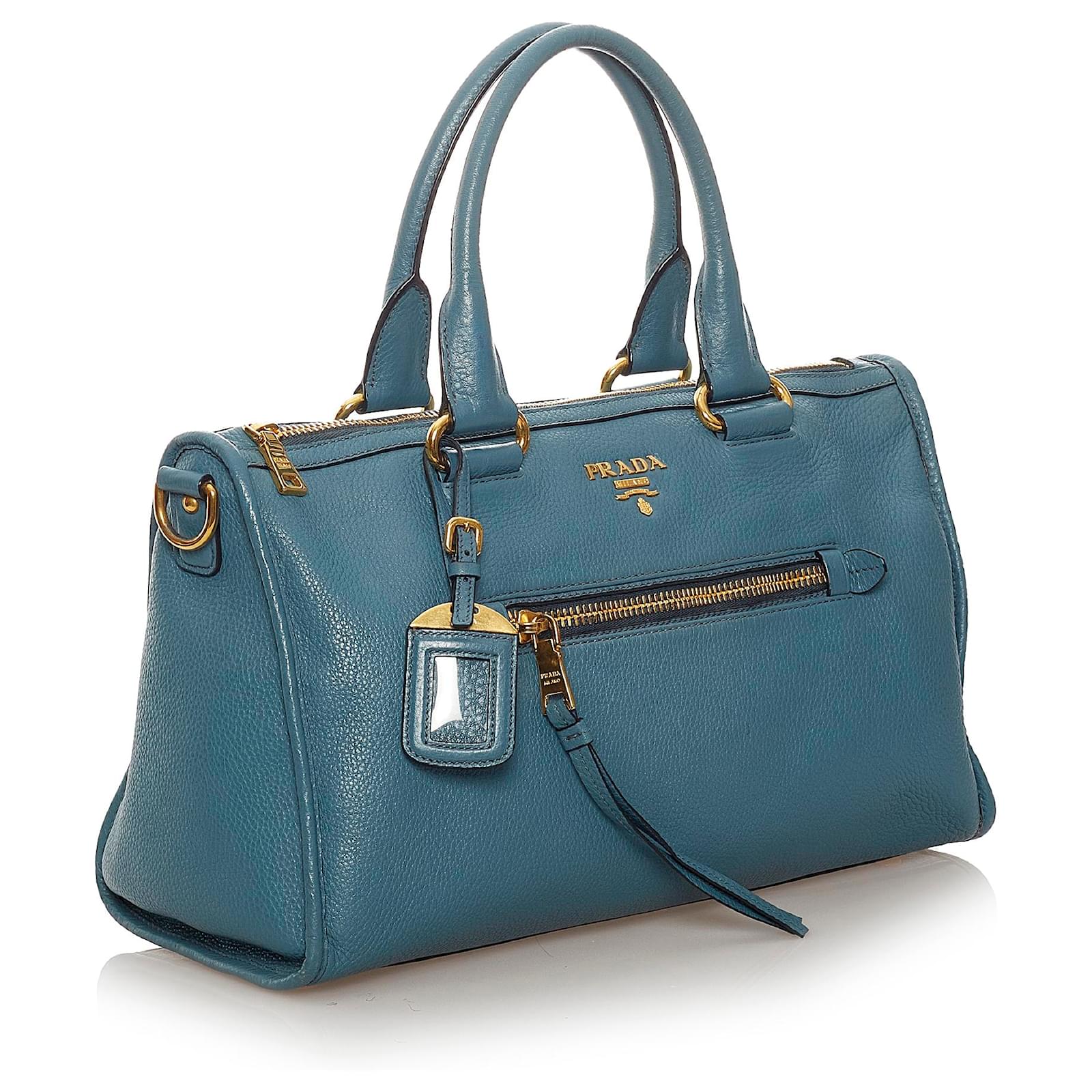 Prada Blue Vitello Daino Satchel Light blue Leather Pony-style calfskin ...