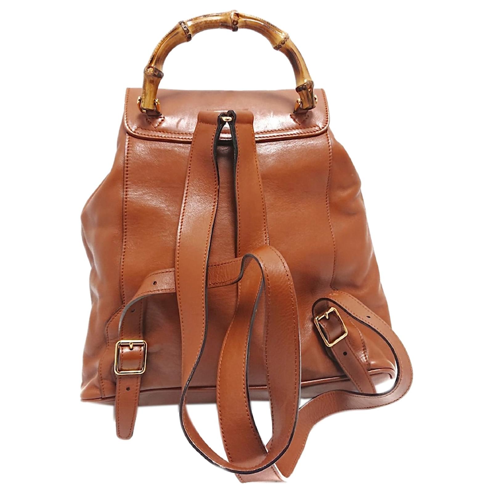 Gucci Brown Bamboo Drawstring Leather Backpack Pony-style calfskin ref ...