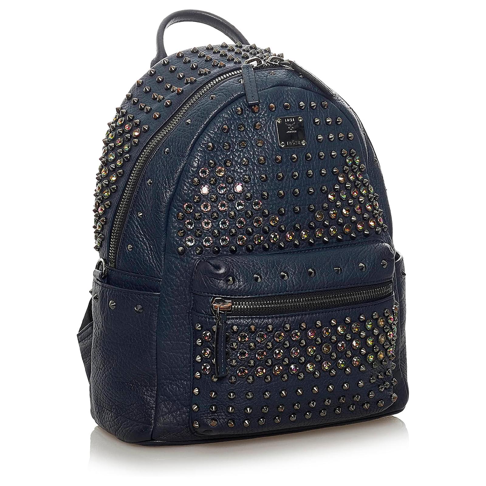 MCM Blue Visetos Stark Leather Backpack Dark blue Pony-style calfskin ...