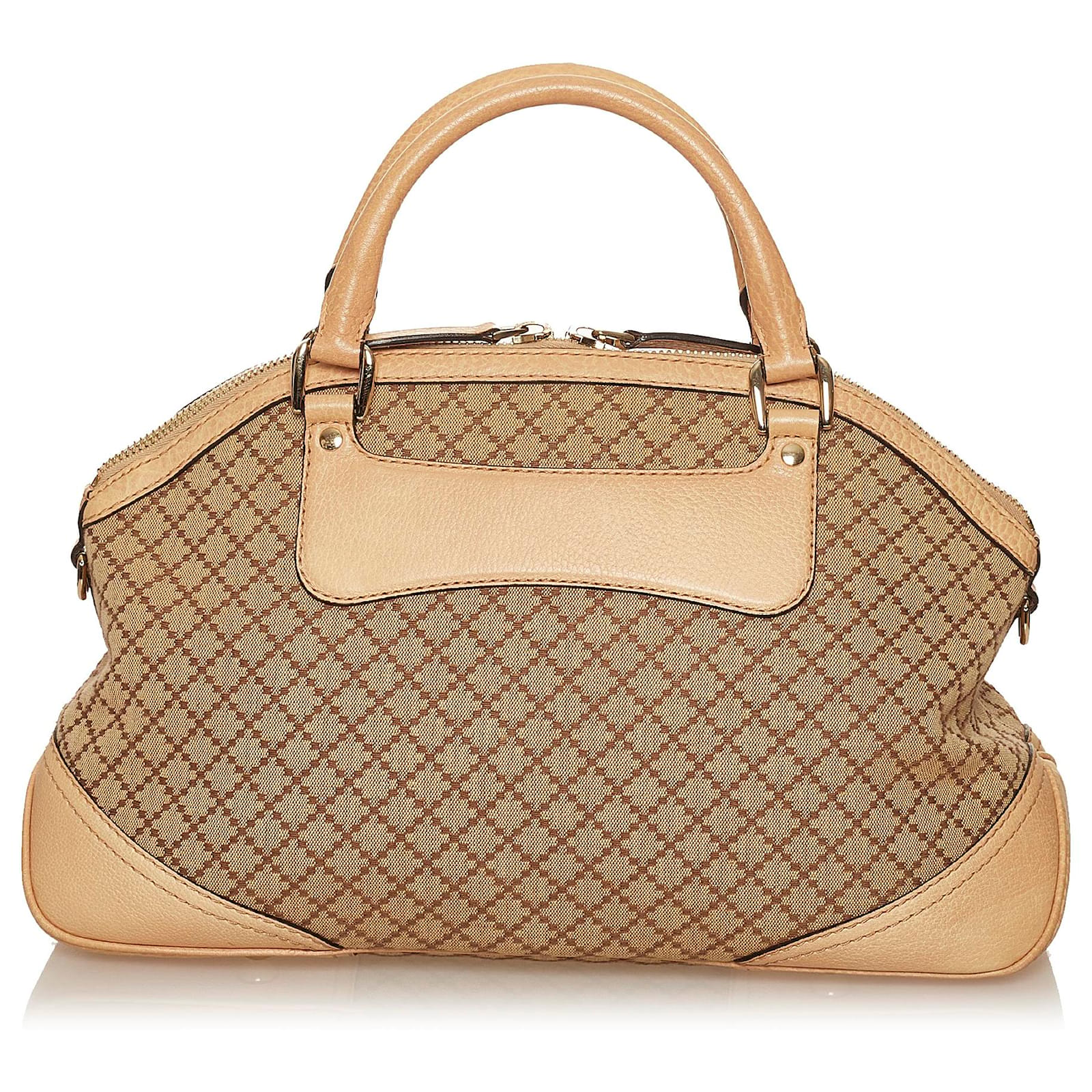 Gucci Brown Diamante Horsebit Catherine Satchel Beige Leather Cloth ...