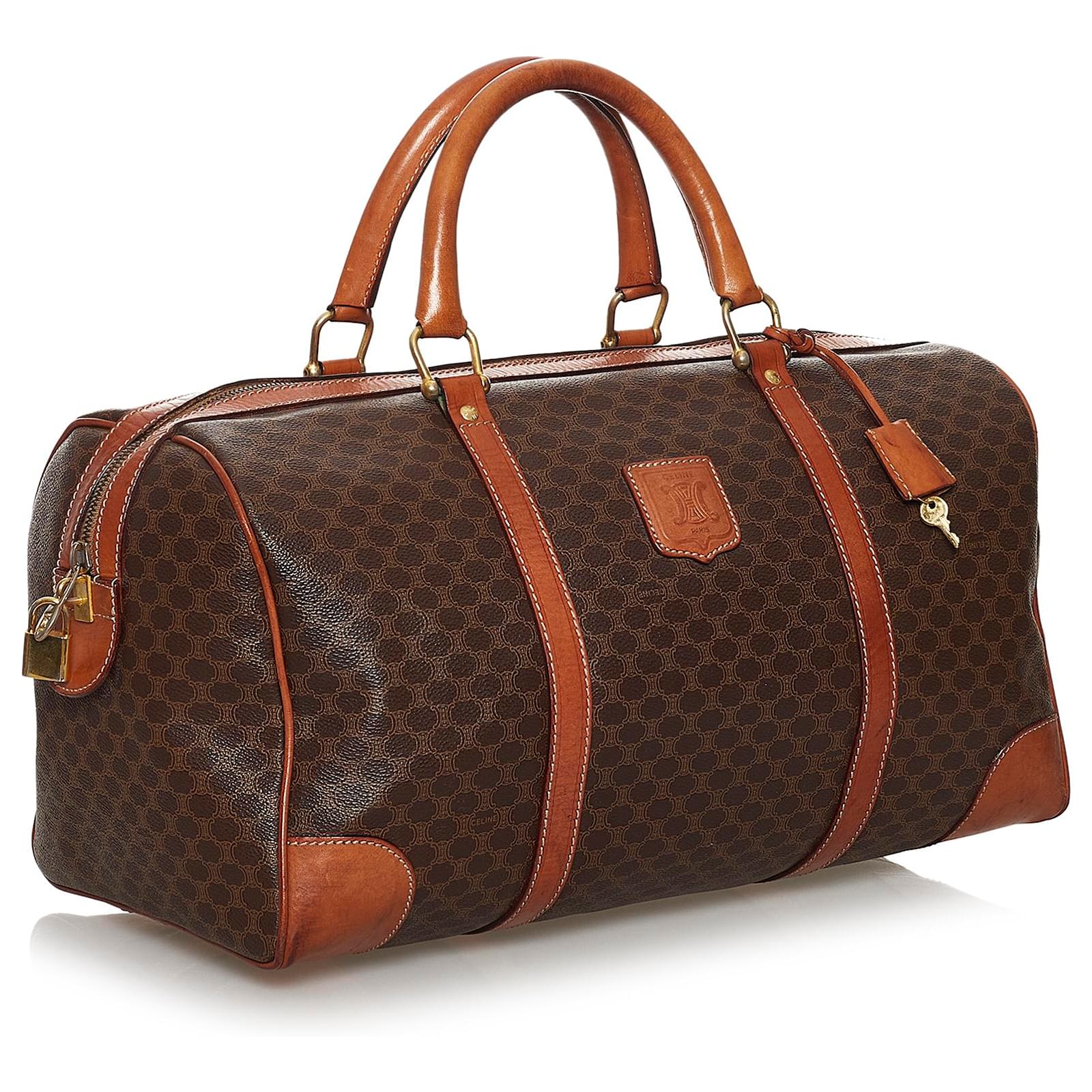 Céline Celine Brown Macadam Boston Bag Leather Plastic Pony-style ...