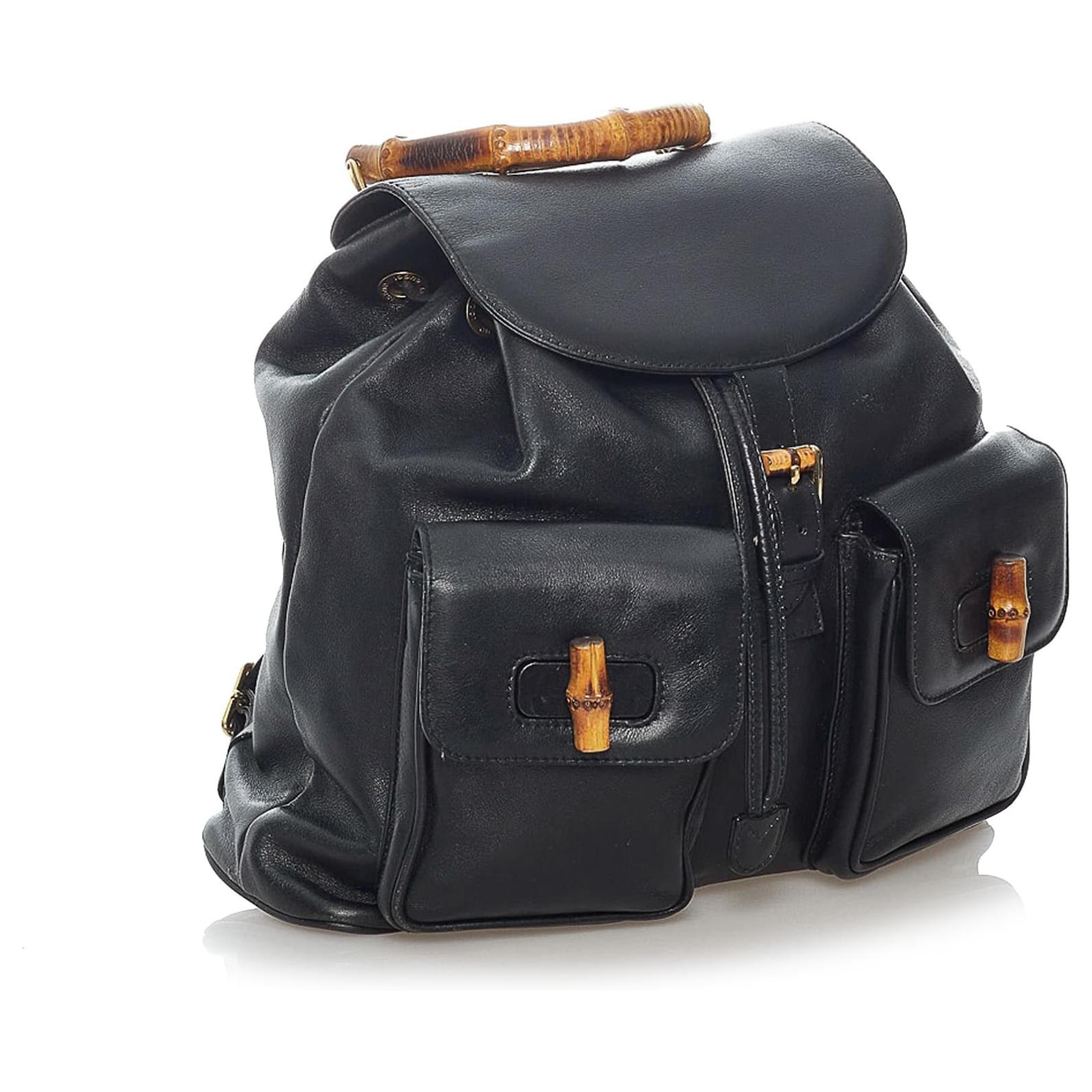 Gucci Black Bamboo Drawstring Leather Backpack Brown Pony-style ...