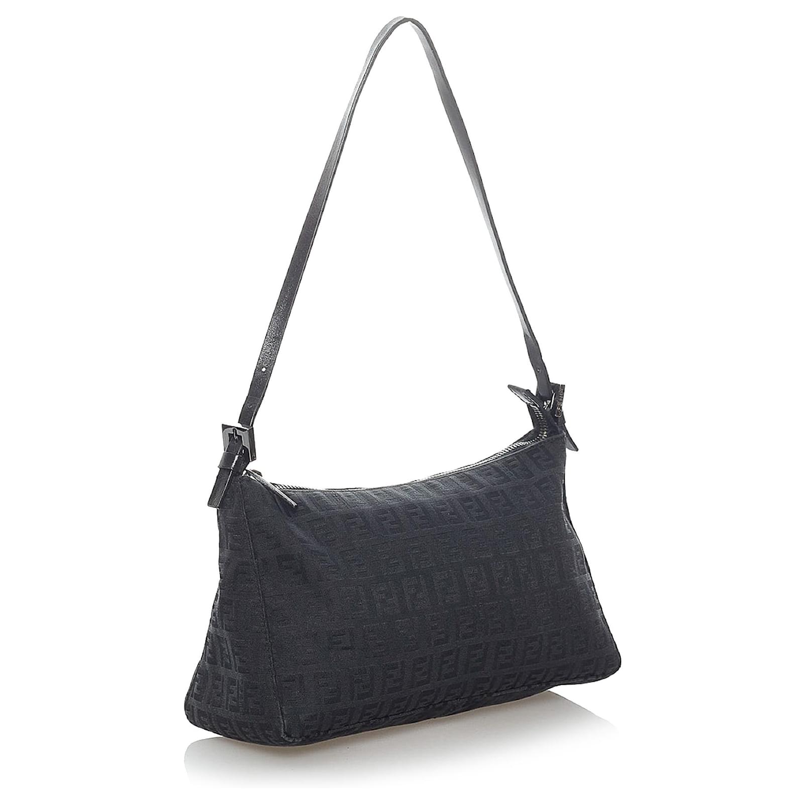 Fendi Black Zucchino Canvas Shoulder Bag Leather Cloth Pony-style ...