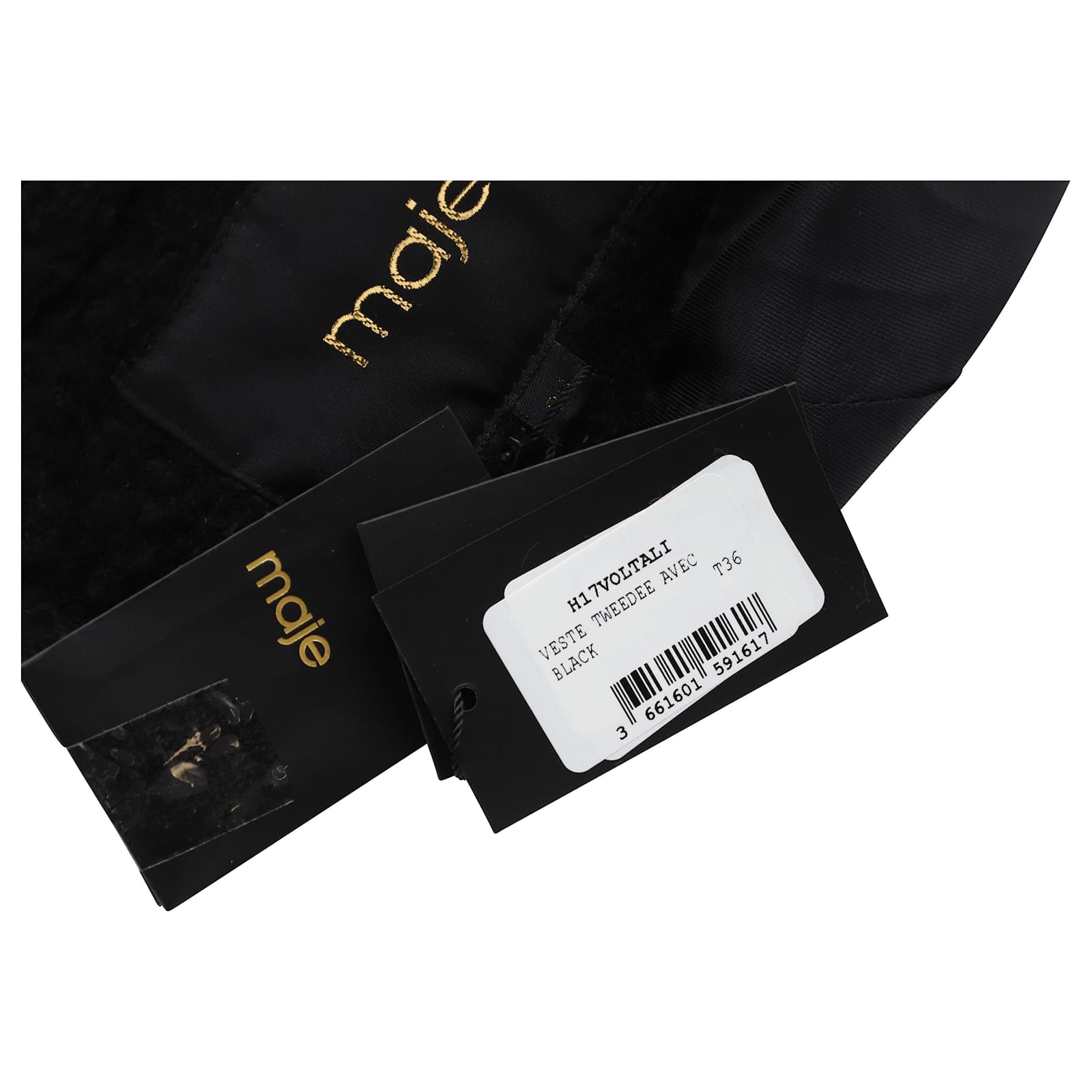 Maje Voltali Veste Courte en Tweed Rayé en Laine Noire ref.553466 ...