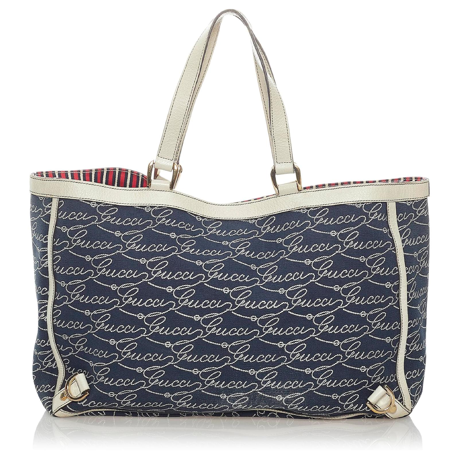 Gucci Blue Abbey D- Ring Canvas Tote Bag Navy blue Leather Cloth Pony ...