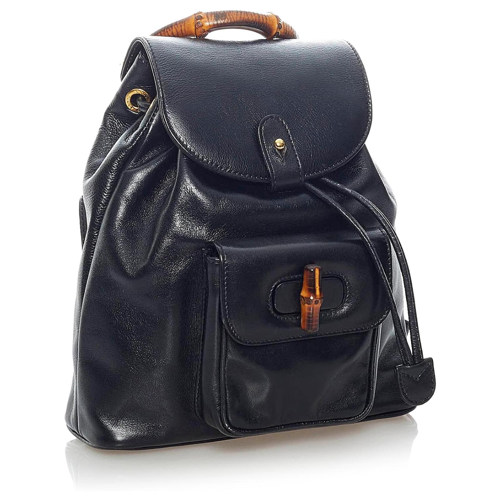 Gucci Black Mini Bamboo Drawstring Leather Backpack Pony-style calfskin ...