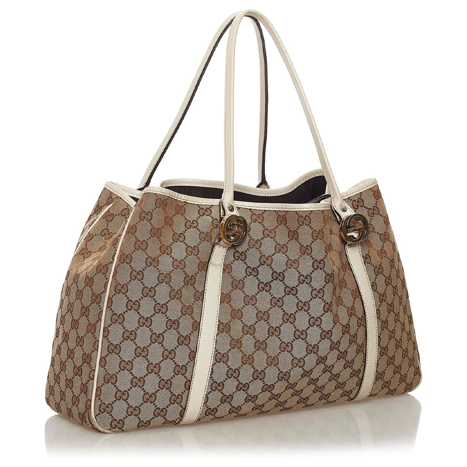 Gucci Brown GG Canvas Twins Tote Bag White Beige Leather Cloth Pony ...