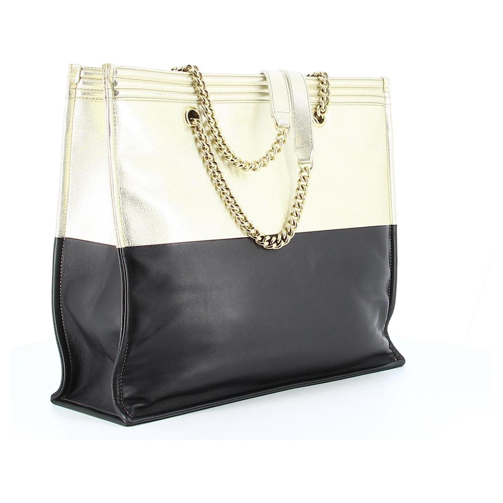 Sac Cabas Chanel en Cuir Noir et Doré Blanc ref.576612 - Joli Closet