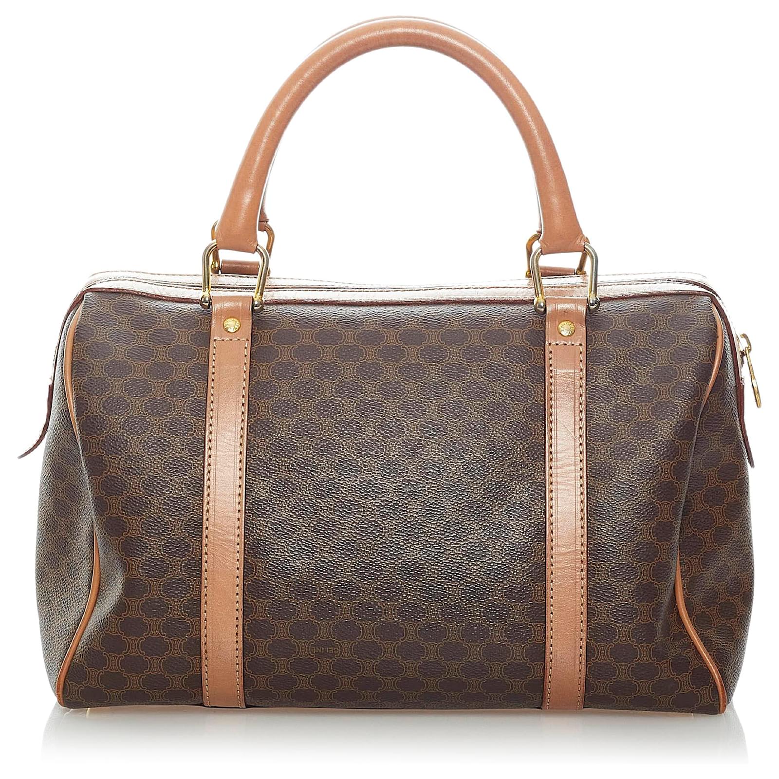 Céline Celine Brown Macadam Boston Bag Leather Cloth Pony-style ...