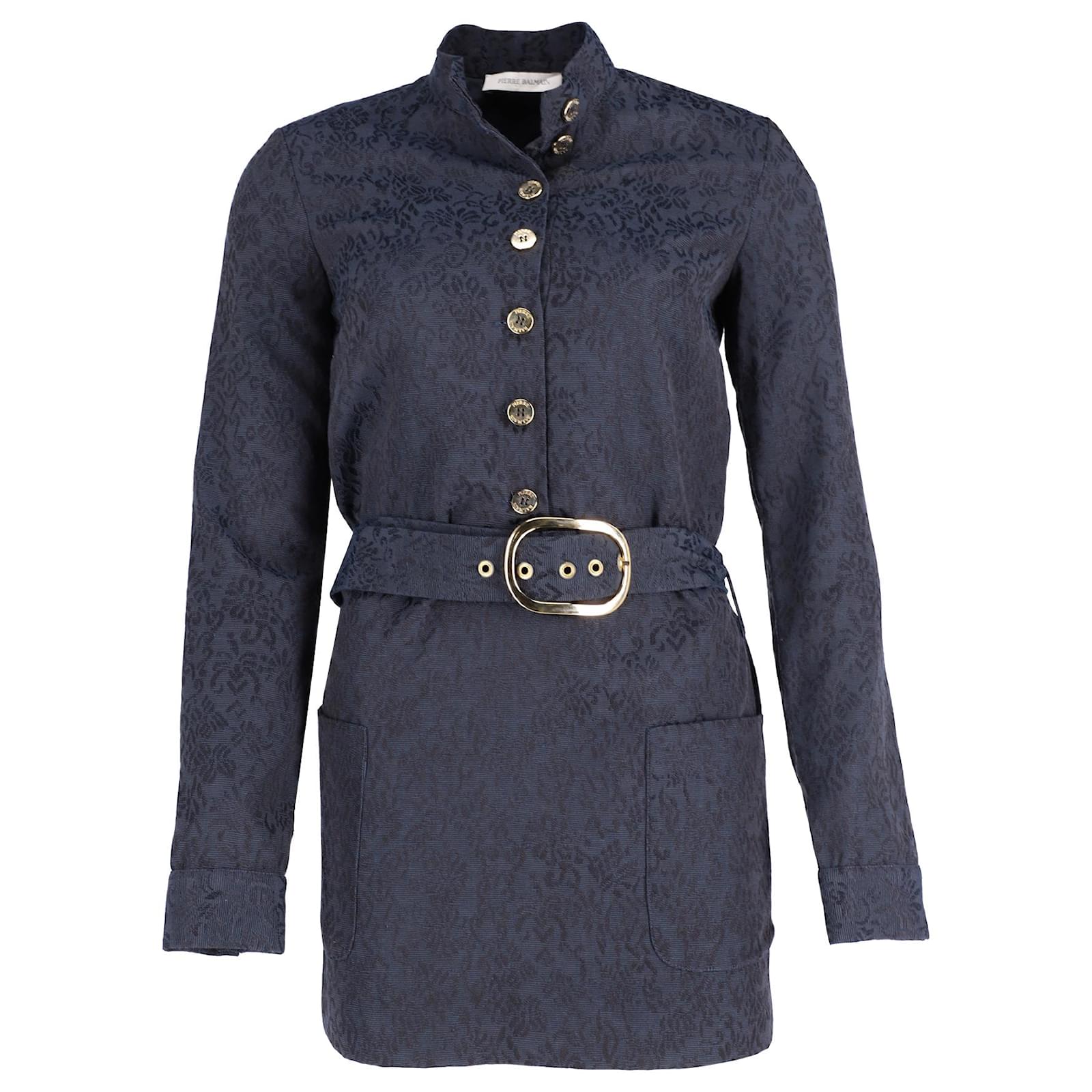 Balmain Belted Jacquard Dress with Gold-Tone Button in Navy Blue ...
