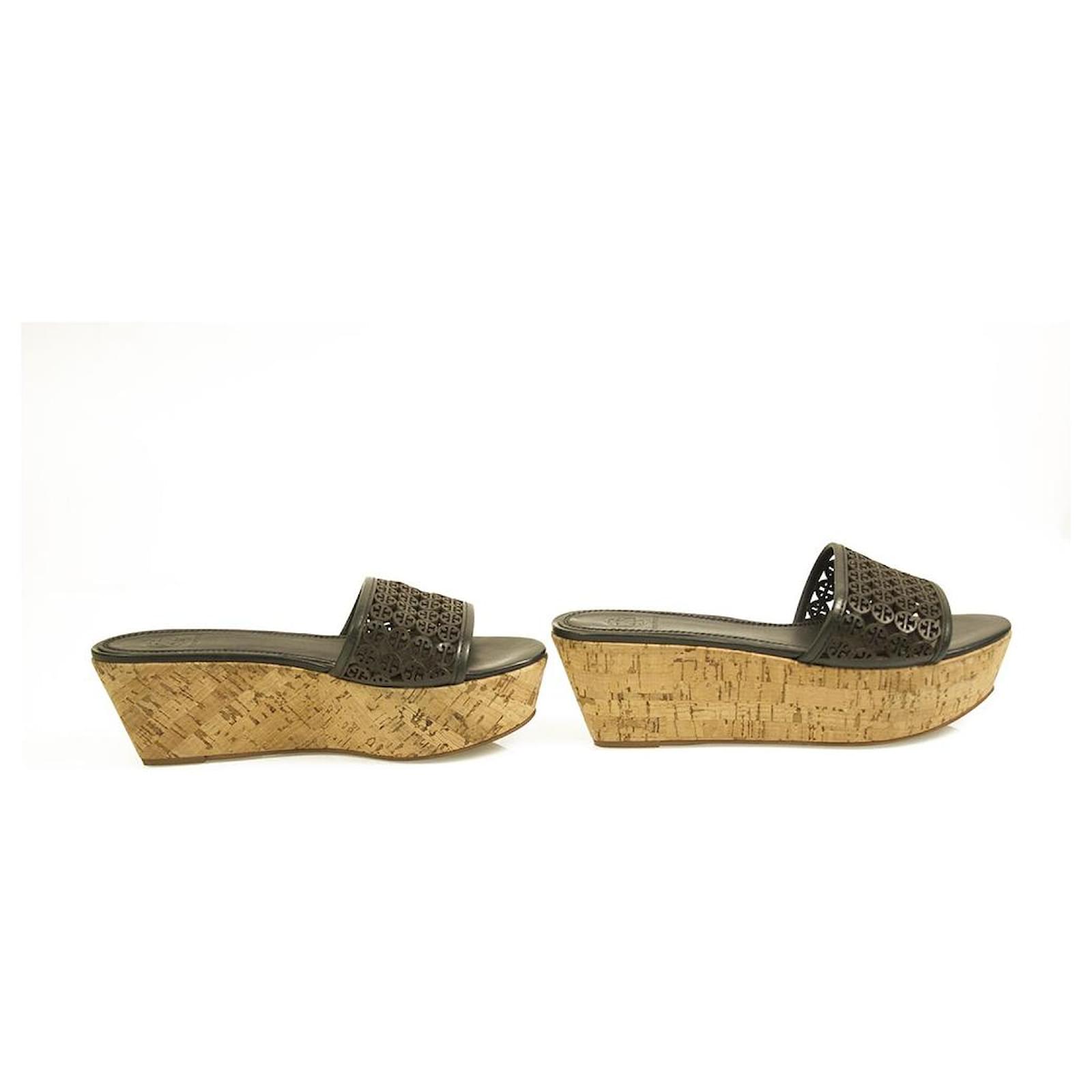 Tory Burch Logo Black Leather Cork Platform Flatforms Slides Sandals ...