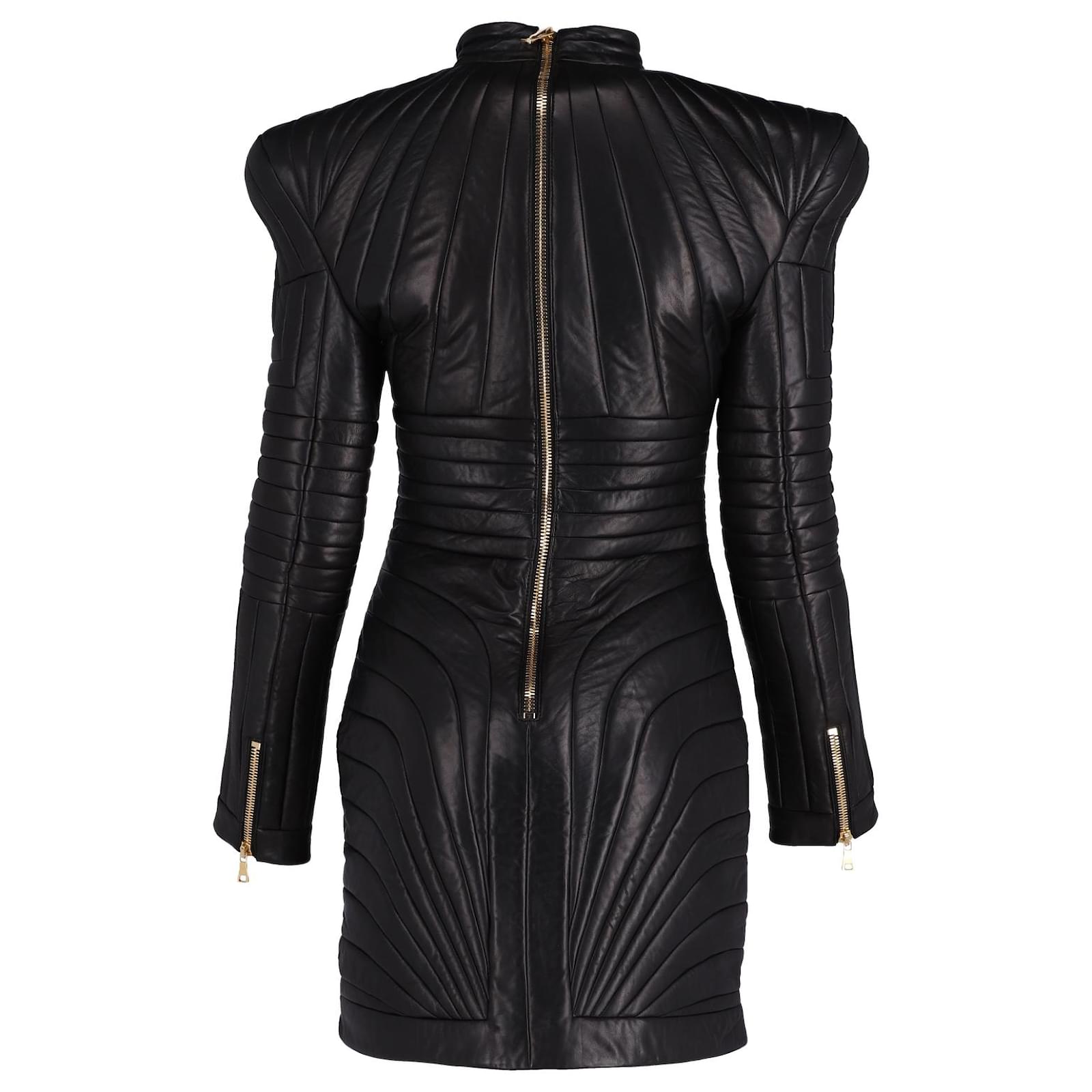 Balmain ROBE COURTE MATELASSÉE À ÉPAULES FORTES EN CUIR NOIR ref.592345 ...