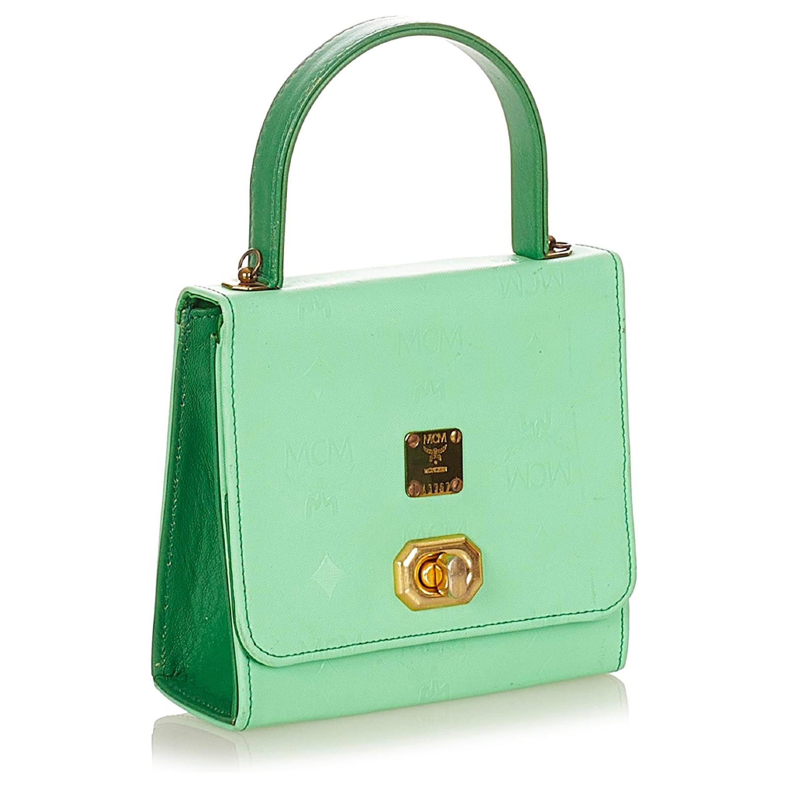 MCM Green Visetos Leather Satchel Golden Light green Metal Pony-style ...