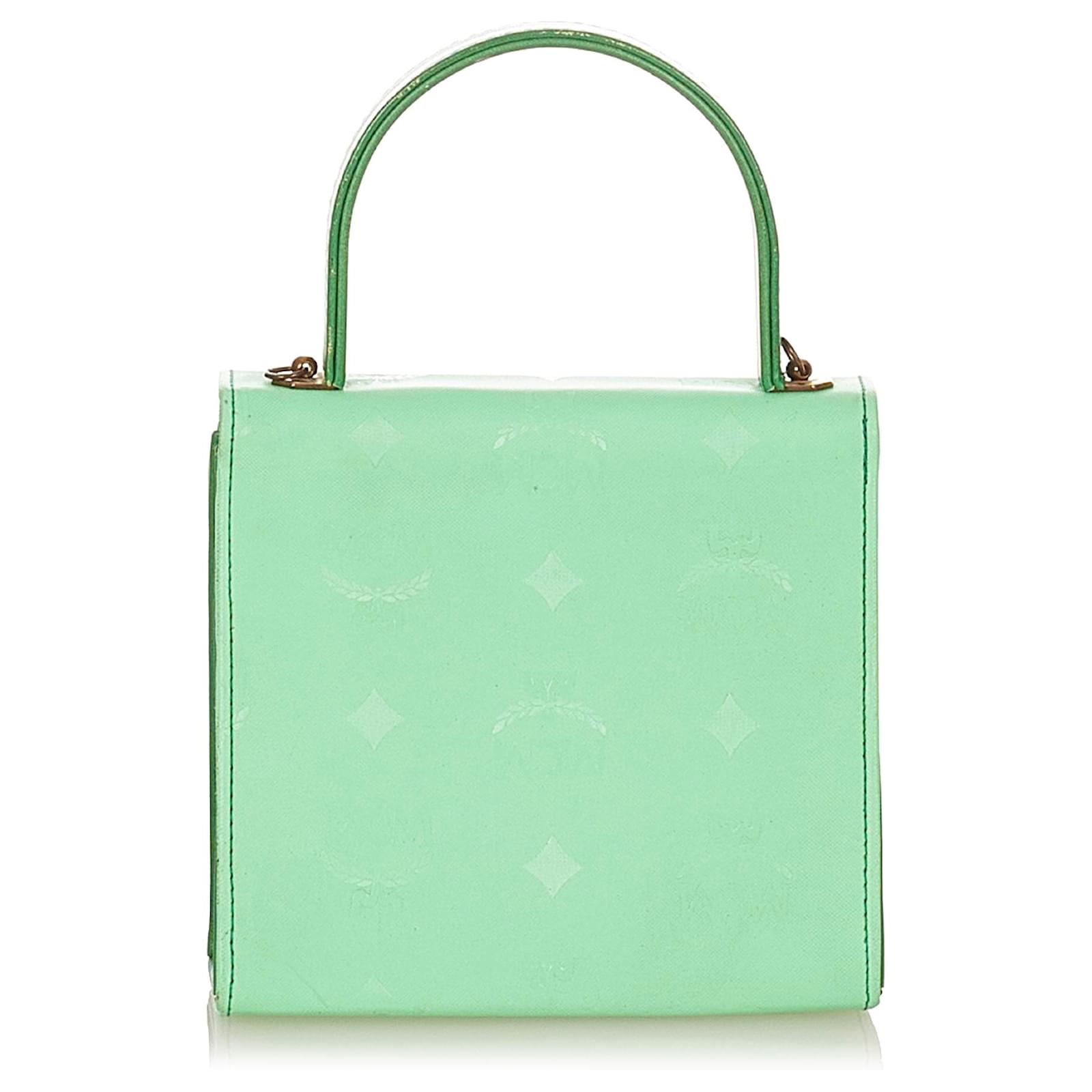 MCM Green Visetos Leather Satchel Golden Light green Metal Pony-style ...