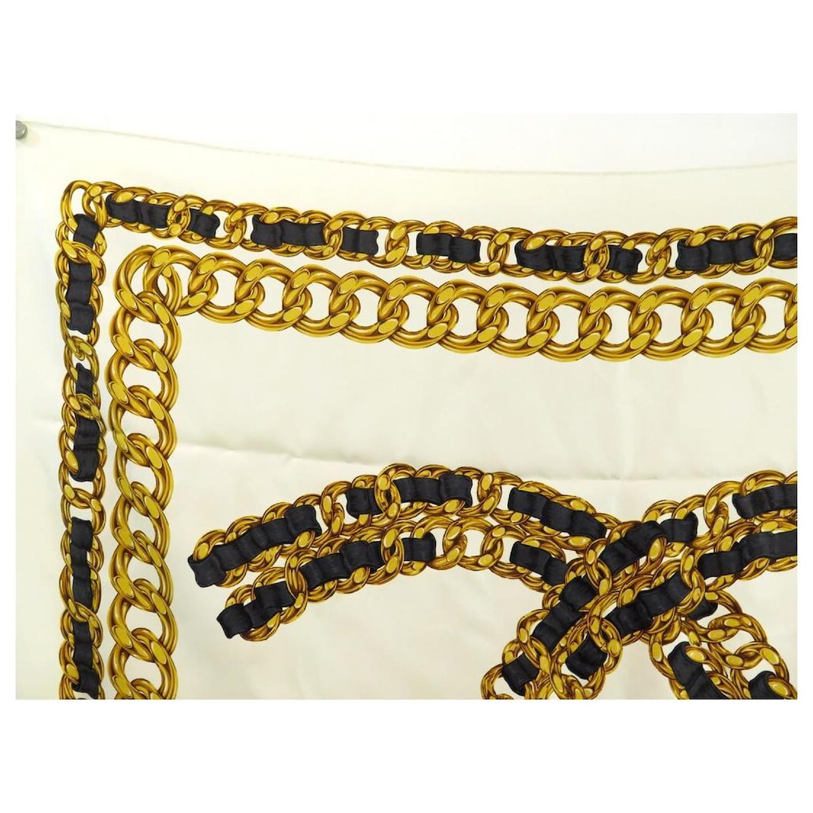 FOULARD CHANEL LOGO CC EN SOIE ECRUE CHAINE ET CUIR CARRE 90 CM SILK ...