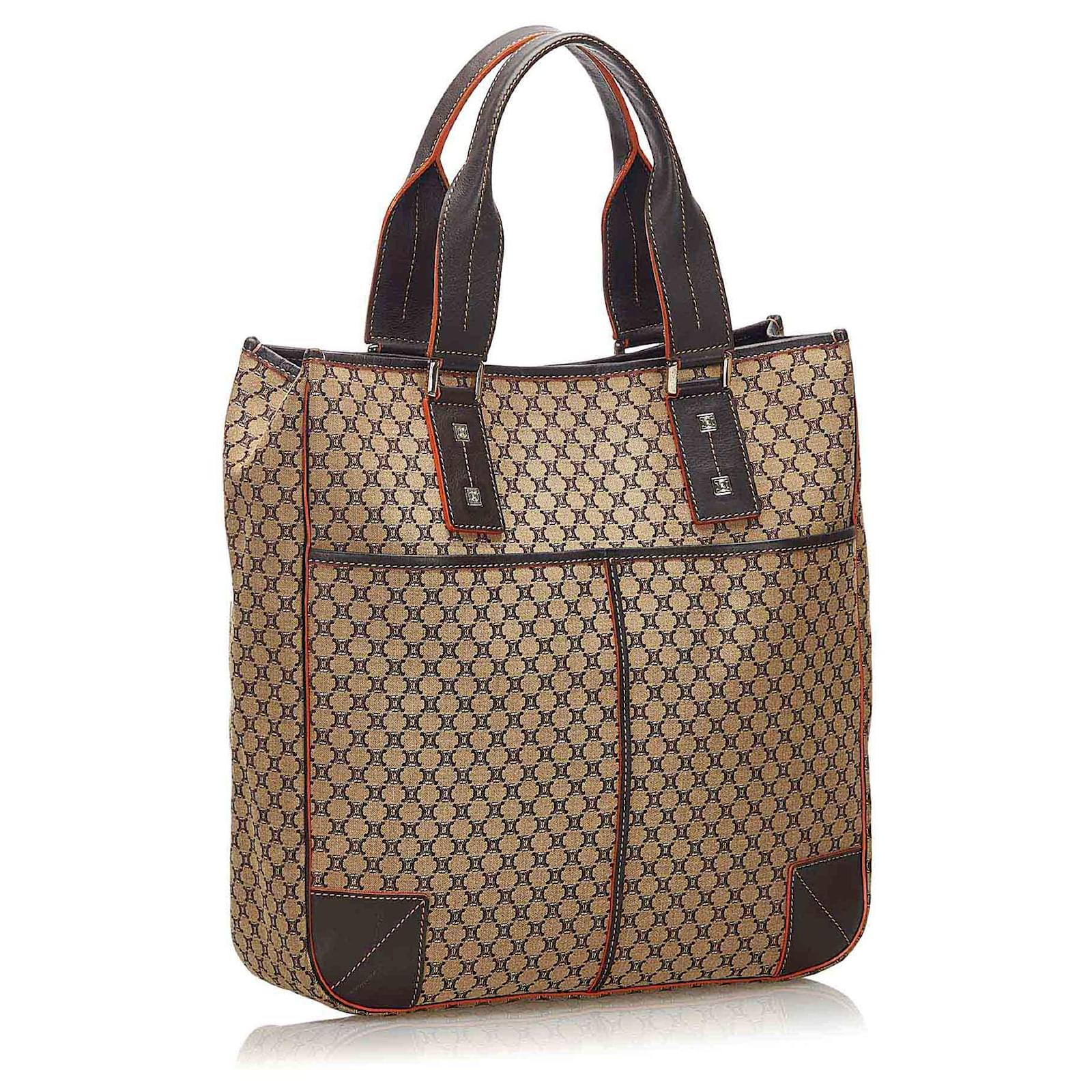 Céline Celine Brown Macadam Canvas Tote Bag Beige Dark brown Leather ...