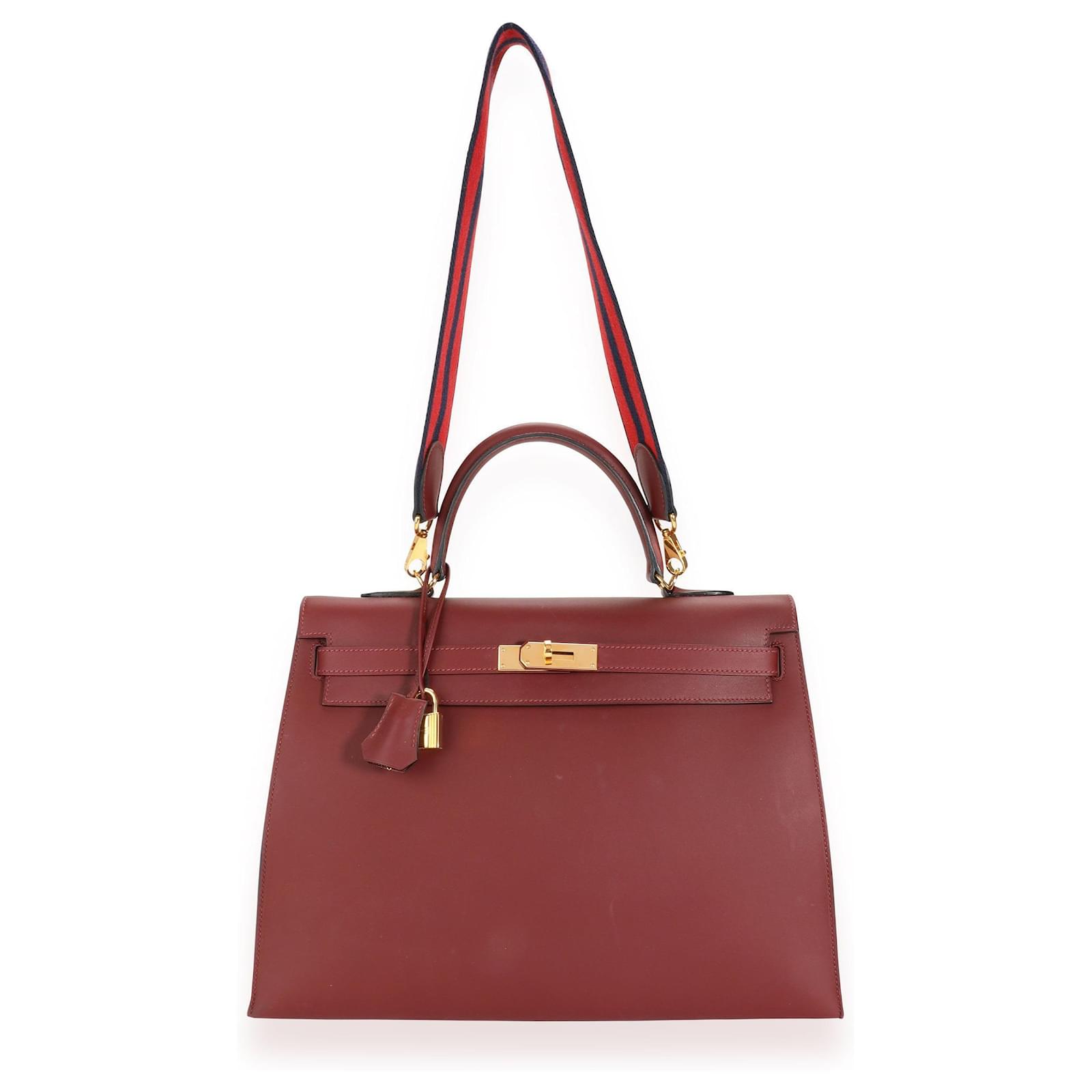 Hermès Hermes Rouge H Sombrero Sellier Kelly 35 Ghw With Striped Canvas ...