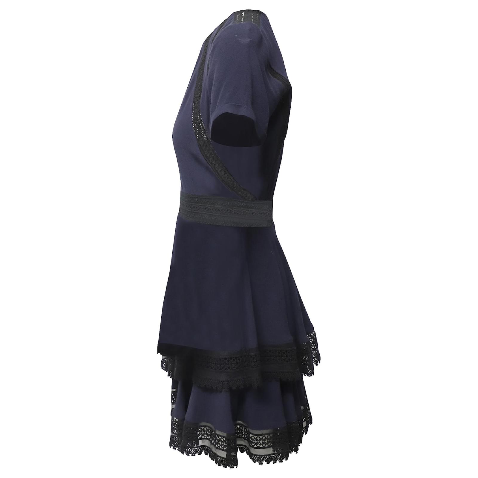 Maje Robe Volantée En Dentelle à Volants En Viscose Bleu Marine Fibre