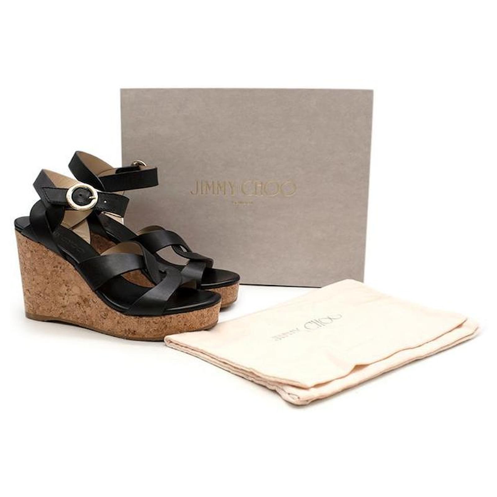 Jimmy Choo Sandales à talons compensés en liège croisés en cuir noir ...