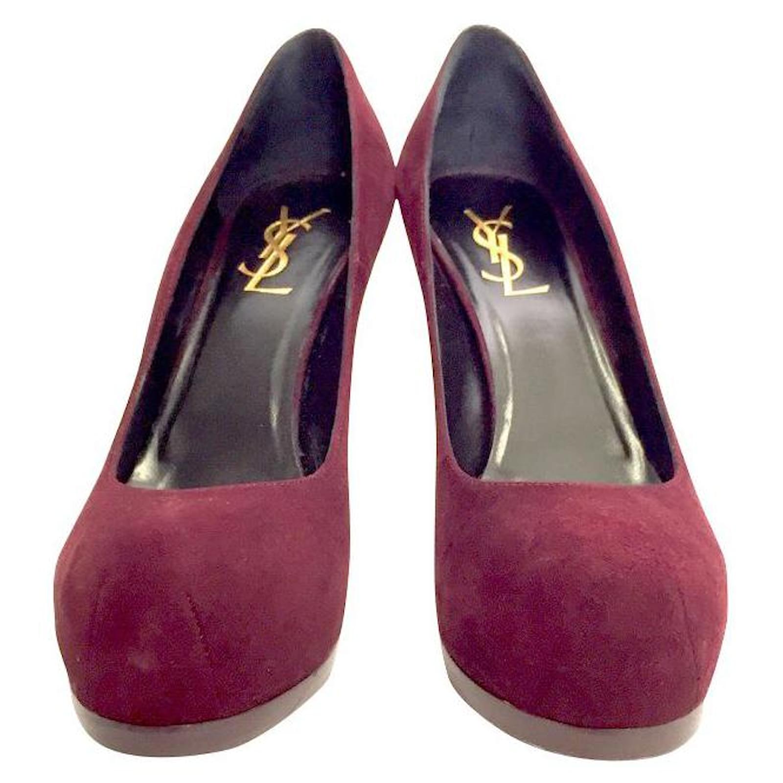 Saint Laurent YSL Tribute Two platform pumps in burgundy suede Red Dark ...