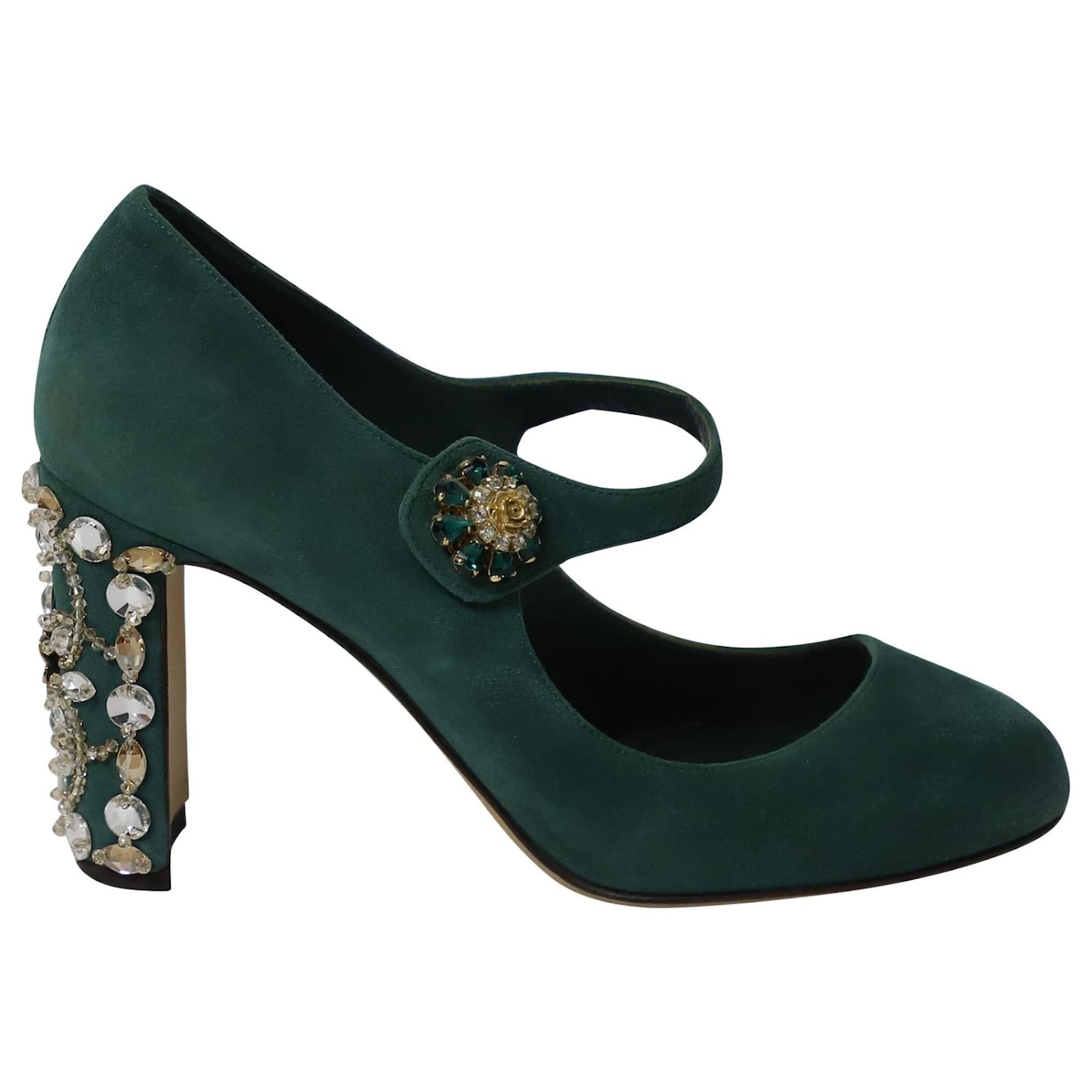 Dolce & Gabbana Escarpins Mary Jane à Talons Blocs Ornés en Daim Vert ...