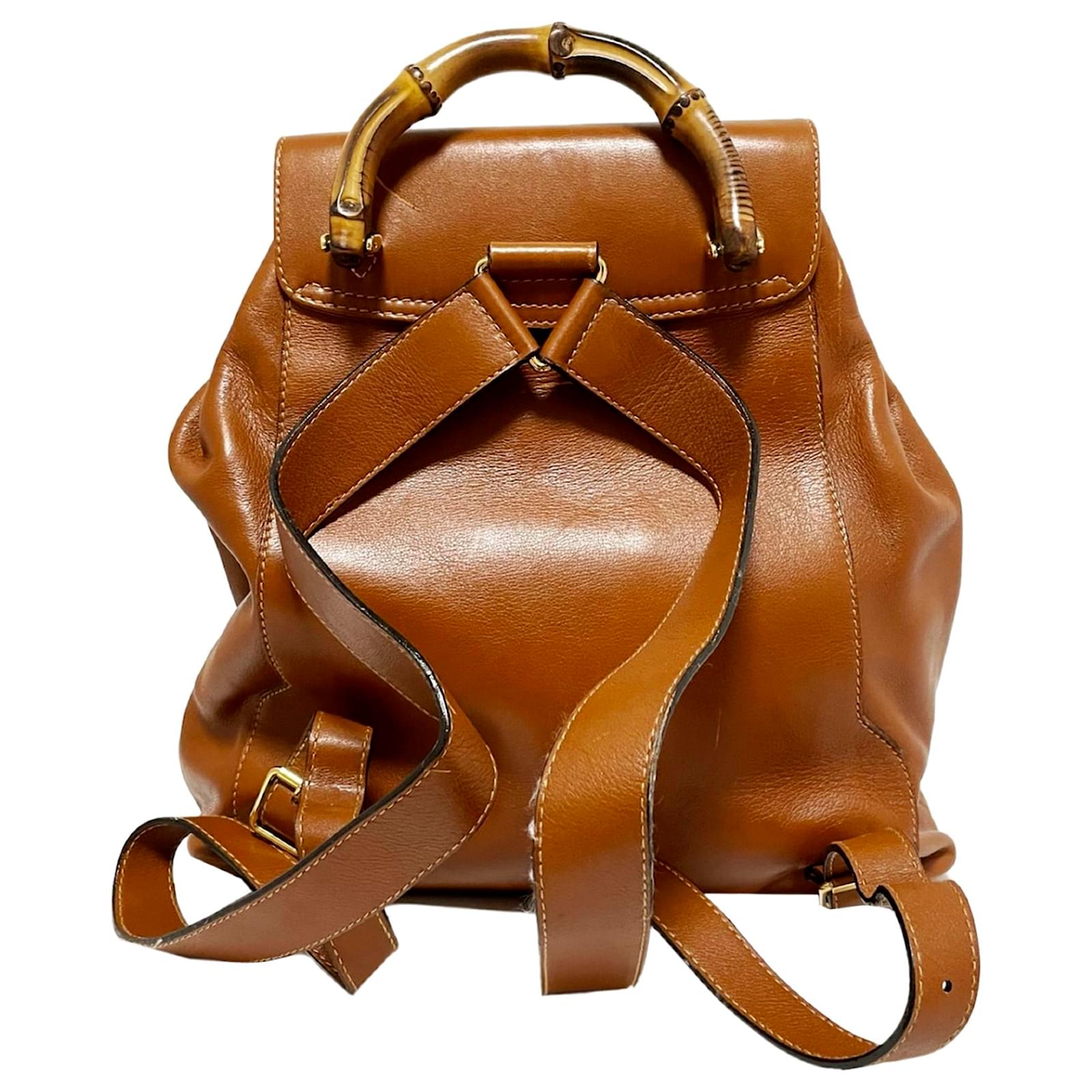 Gucci Brown Bamboo Drawstring Leather Backpack Pony-style calfskin ref ...