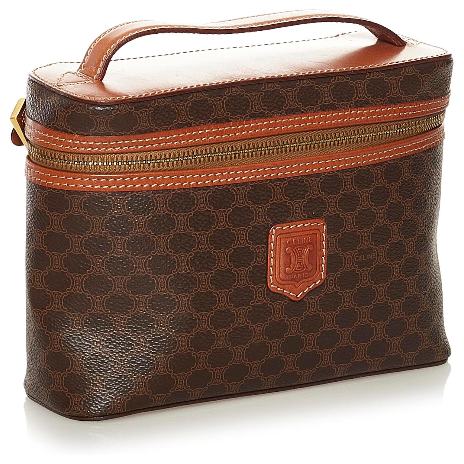 Céline Celine Brown Macadam Vanity Bag Leather Cloth Pony-style ...