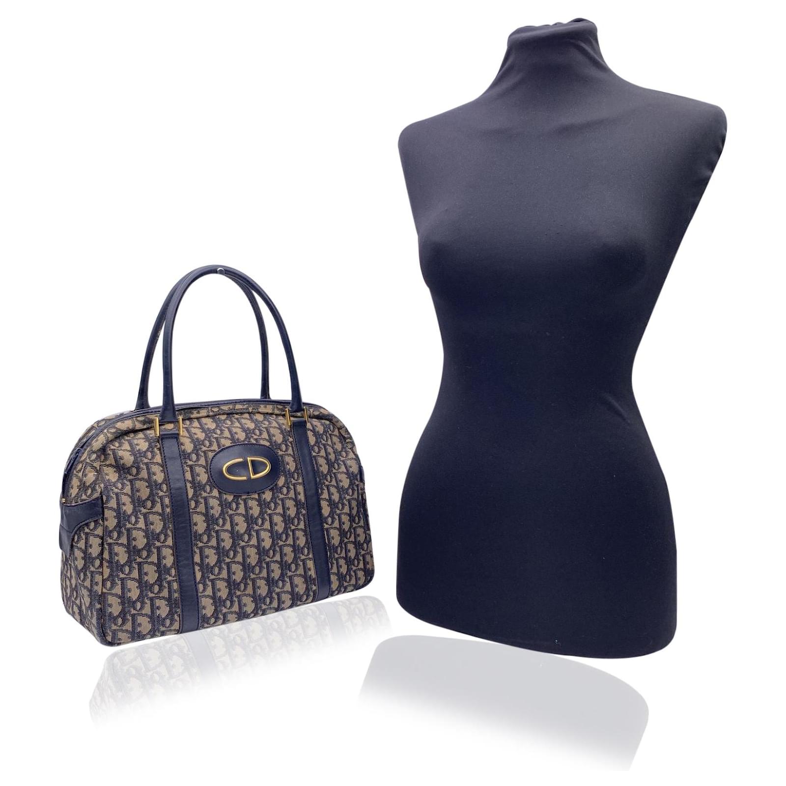 Christian Dior Vintage Blue Logo Monogram Tapestry Canvas Satchel Bag ...