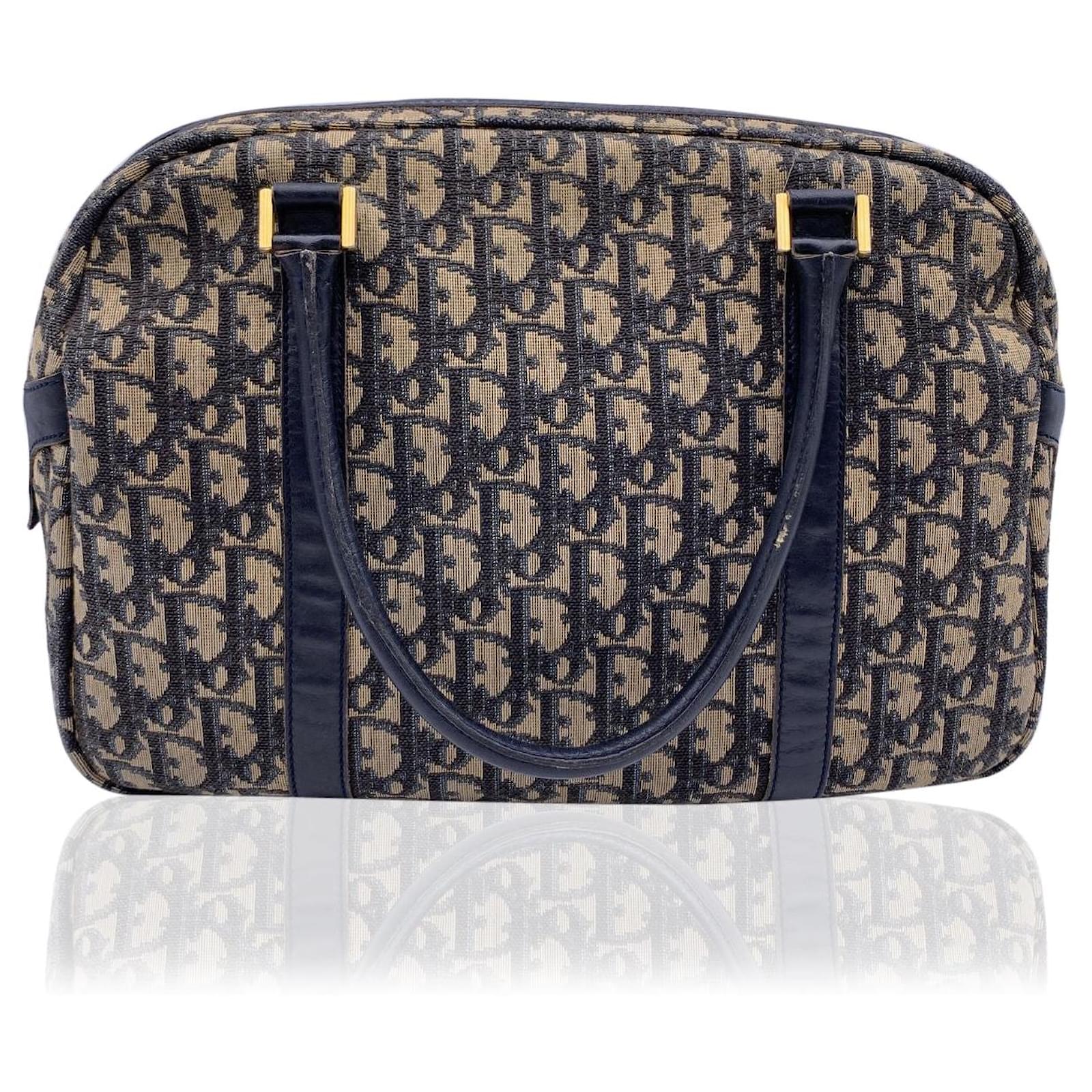 Christian Dior Vintage Blue Logo Monogram Tapestry Canvas Satchel Bag ...