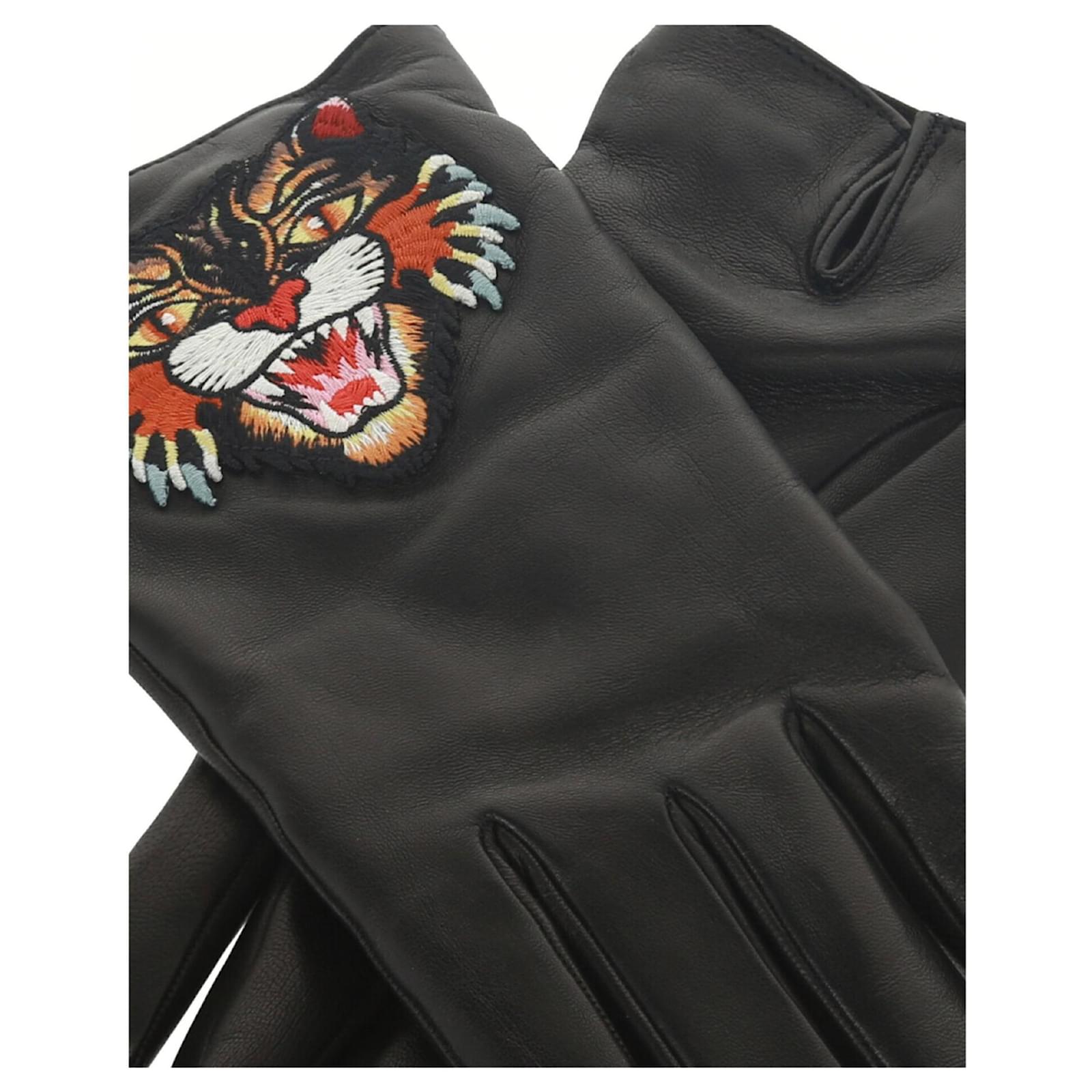 Gants en cuir brodés chat Gucci Noir ref.624846 - Joli Closet