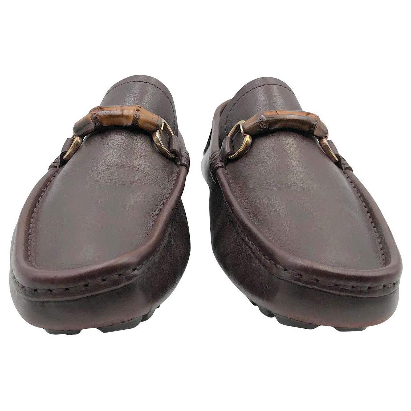 Mocassins Gucci en cuir marron avec boucle en bambou Rouge Bordeaux ref ...
