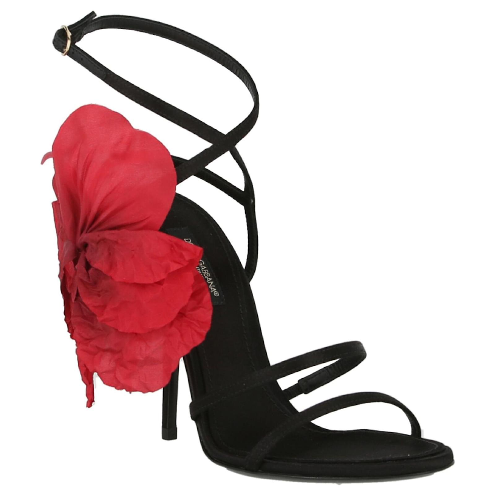 Dolce & Gabbana Satin Silk Flower Heel Sandals Black ref.628374 - Joli ...