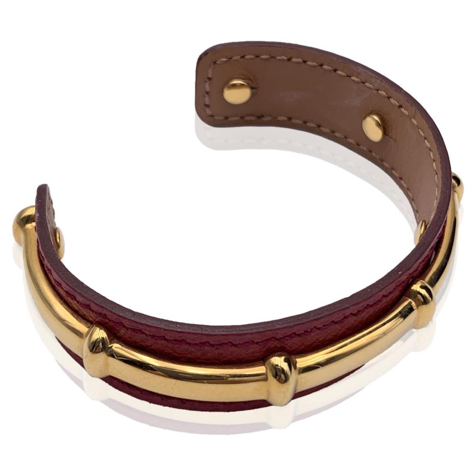 Hermès Bracelet manchette Hermes en cuir rouge et métal doré Agatha ref ...